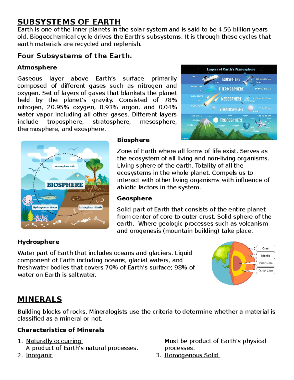Earth Q3 Lesson 2 Subsystems Of Earth Minerals Rocks - Earth is one of ...