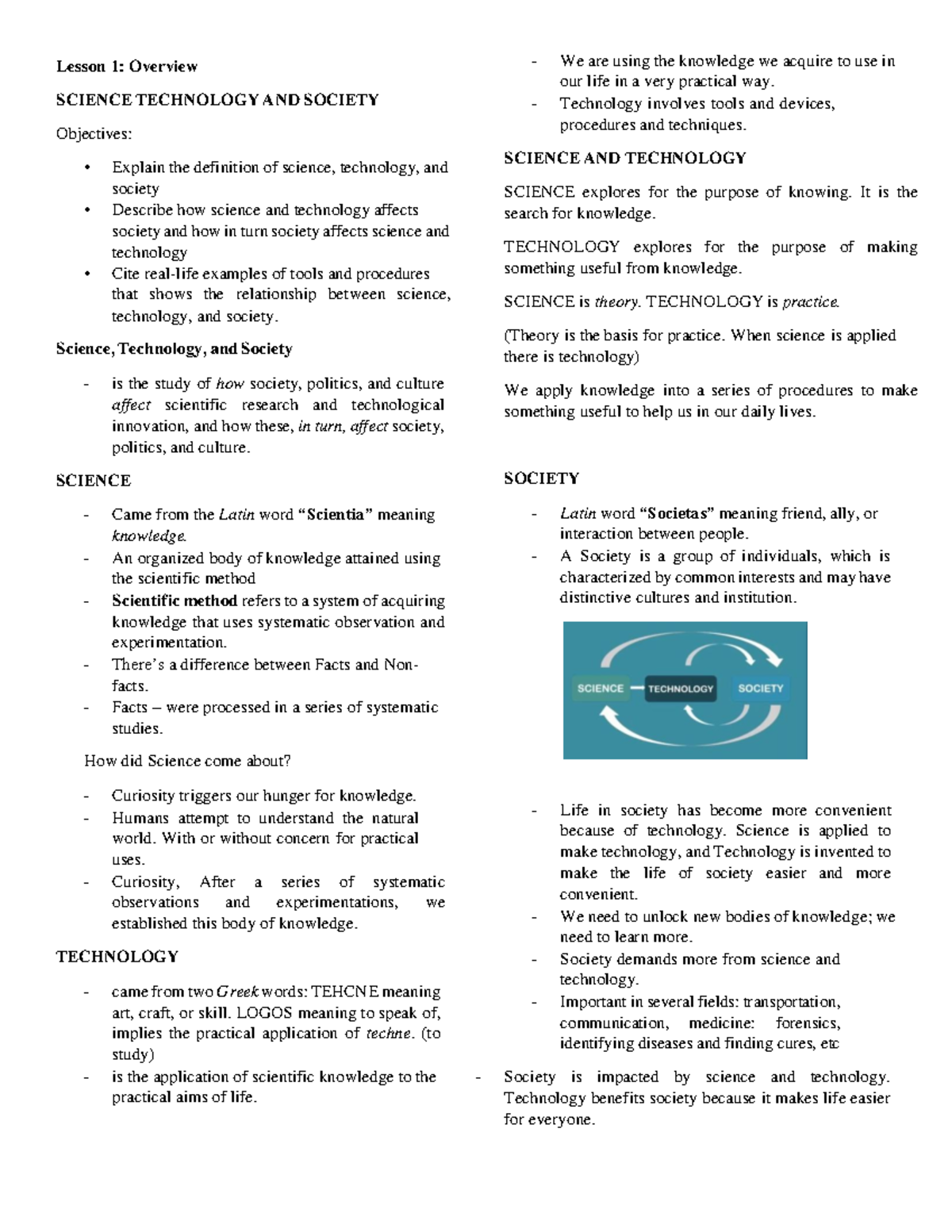 Science technology and society handouts - Lesson 1: Overview SCIENCE ...