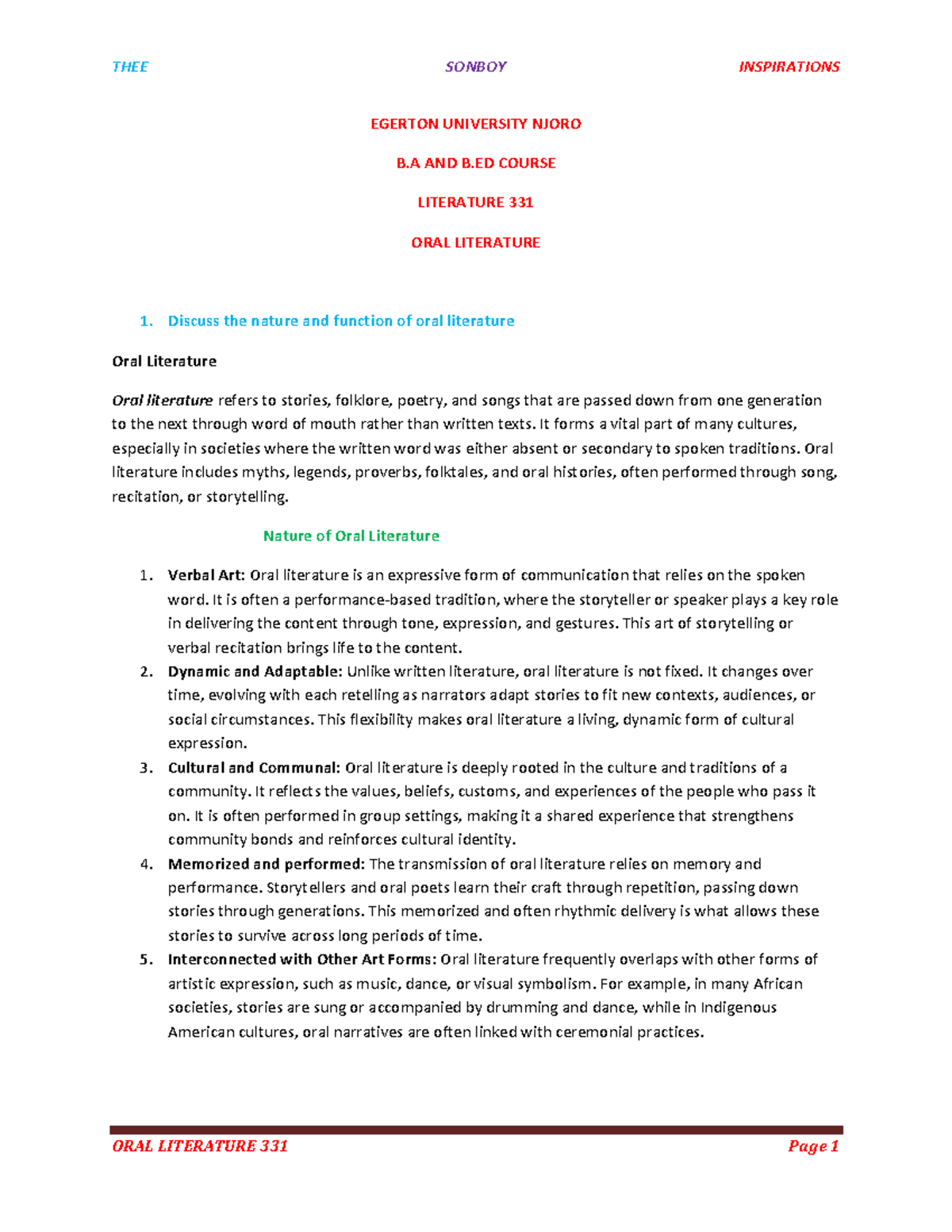 Literature LITT 331 - EGERTON UNIVERSITY NJORO B AND B COURSE ...