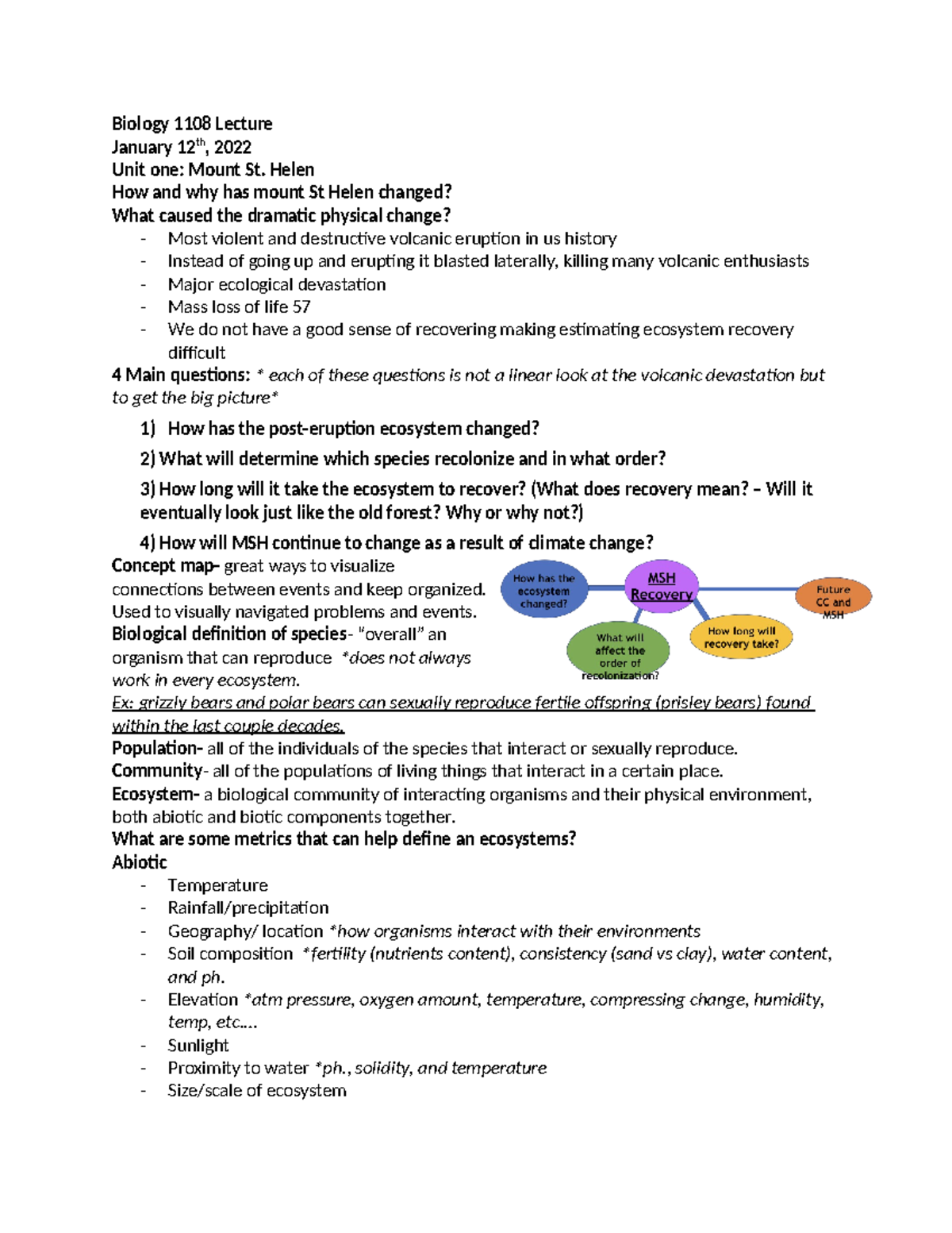BIO 1108 - Biology 1108 Lecture January 12th, 2022 Unit one: Mount St ...