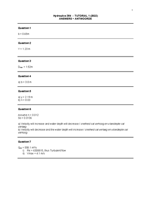 HYD 324 TUT1 Answers Engafr 2023 - 1 Hydraulics 324 - TUTORIAL 1 (2023 ...