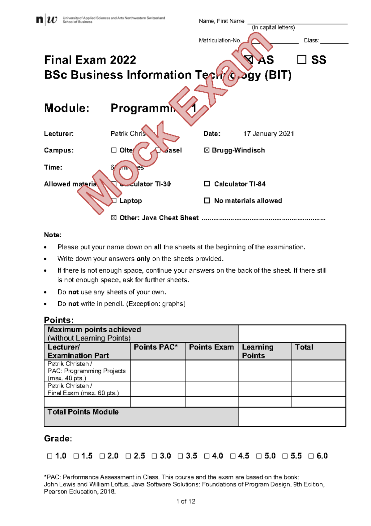 Mock Exam BIT Programming 1 - (in capital letters) Matriculation-No ...