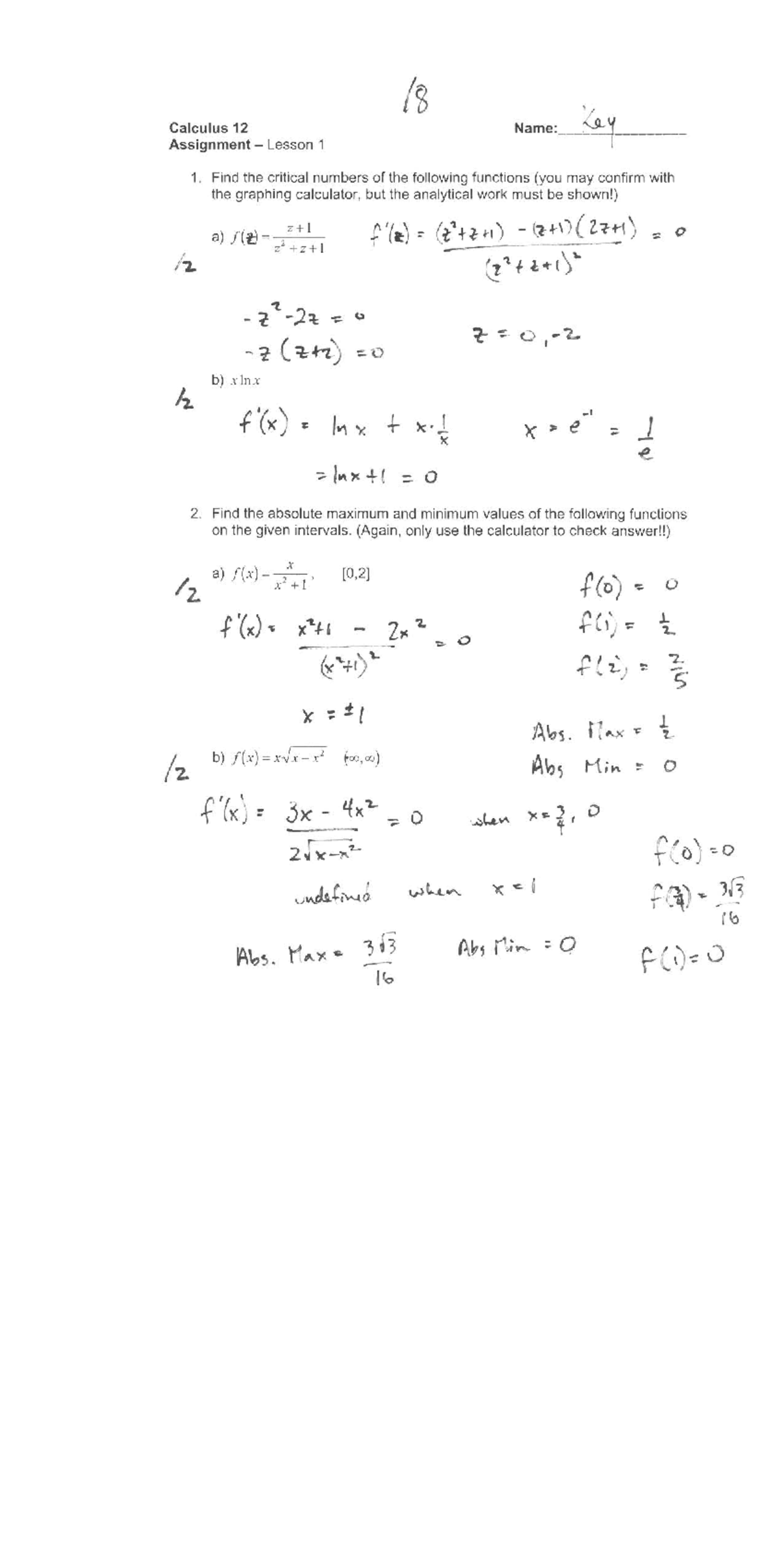 U04L01 - Calculus review - 18 Calculus 12 Name: Key Assignment Lesson 1 ...