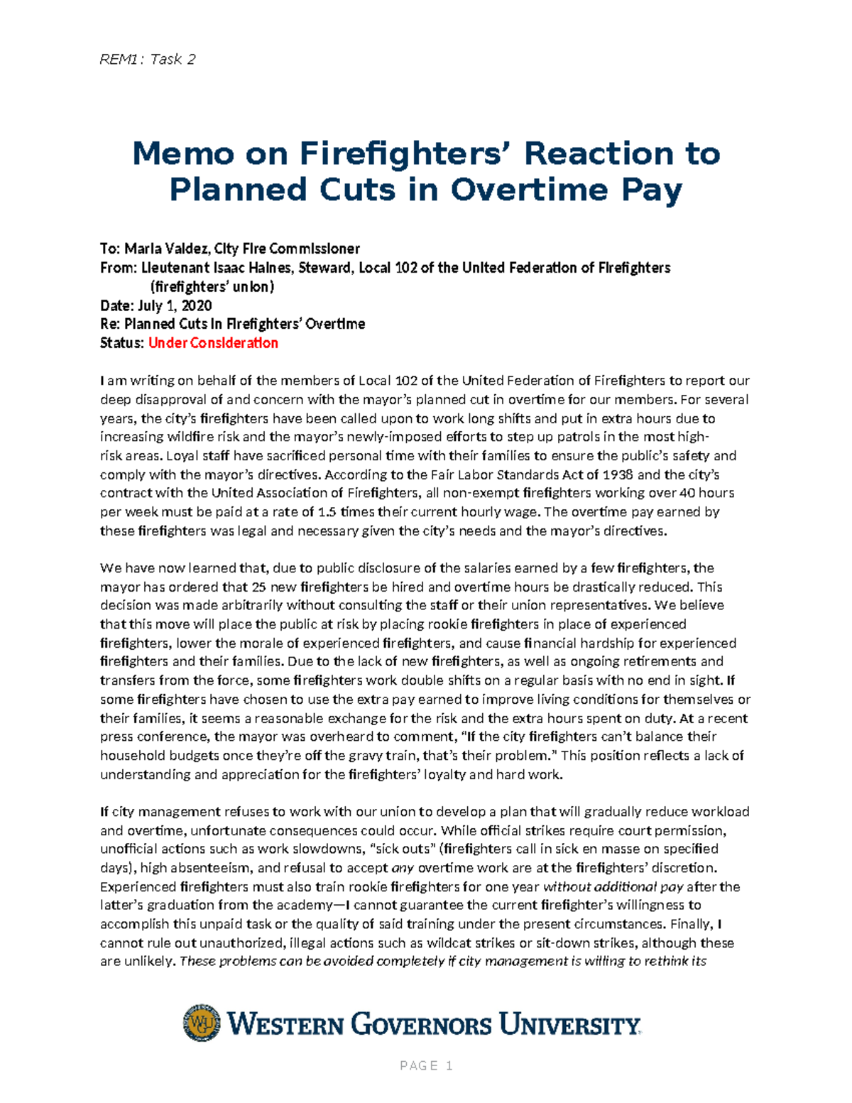 Memo on Firefighters' Reaction to Planned Cuts in Overtime Pay - REM1 ...