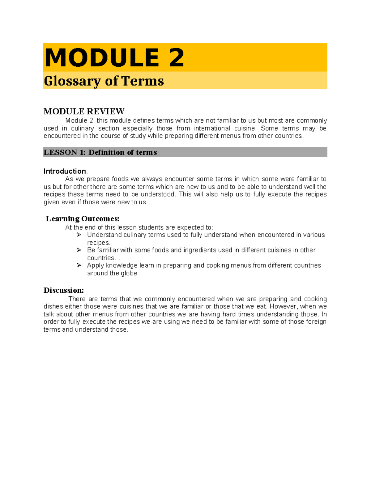 Module 2 glossary of terms - MODULE 2 Glossary of Terms MODULE REVIEW ...
