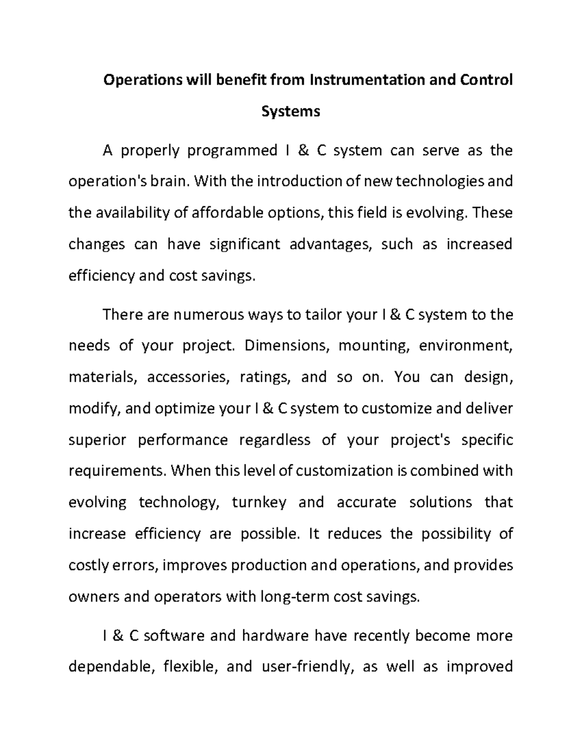 Operations will benefit from Instrumentation and Control Systems - With ...