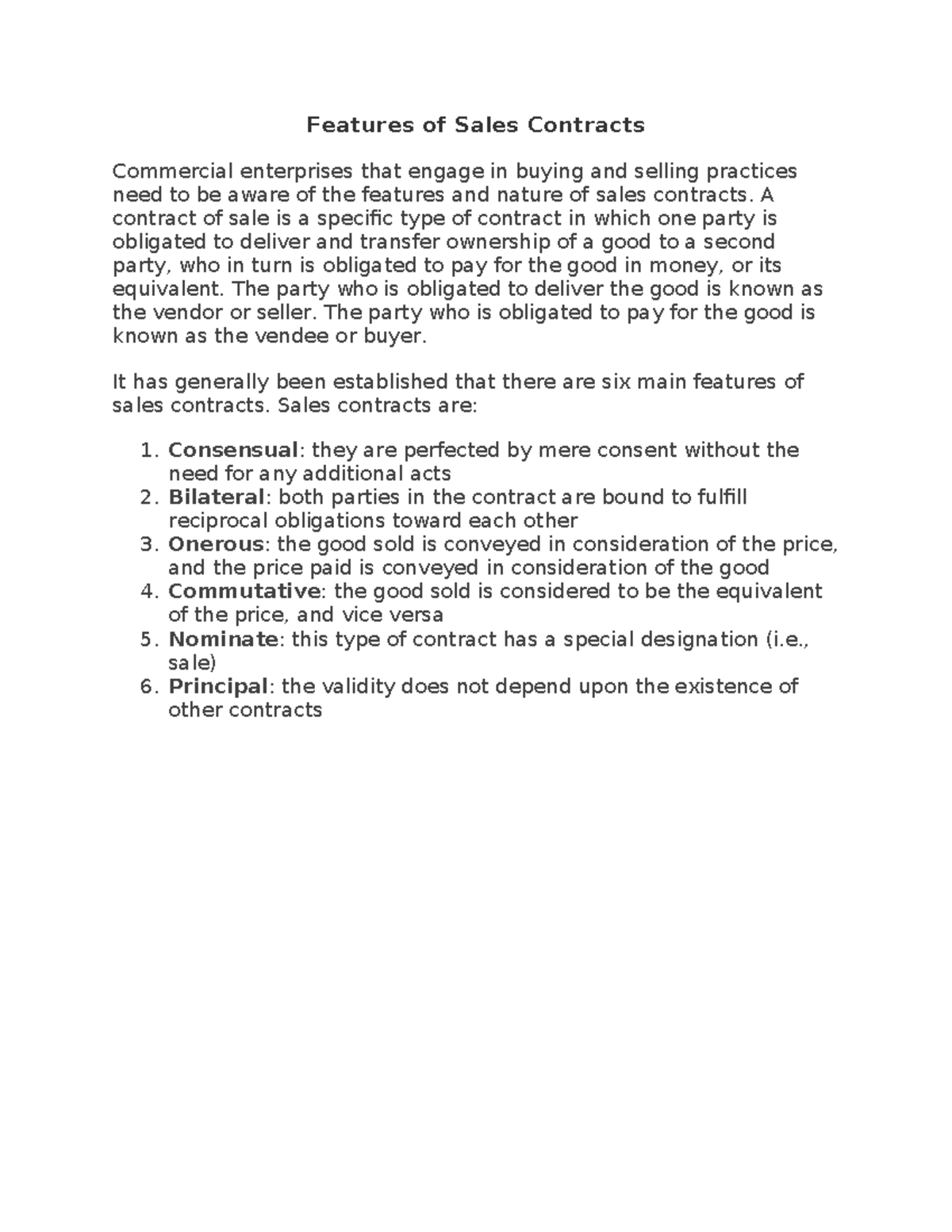 Features of Sales Contracts - Features of Sales Contracts Commercial ...