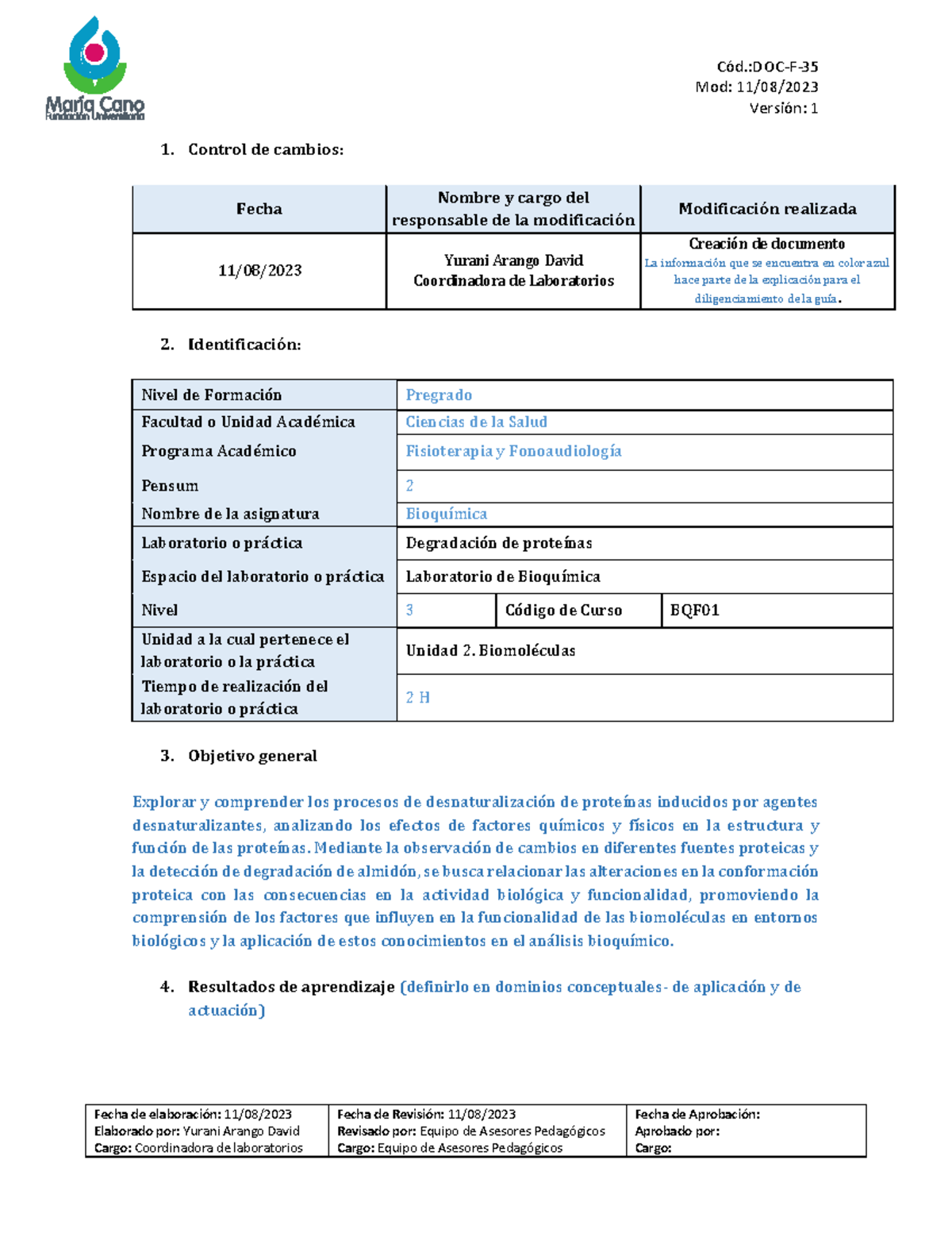 DOC-F-35 Plantilla Guía de laboratorio Degradacion Proteina - Mod: 11 ...