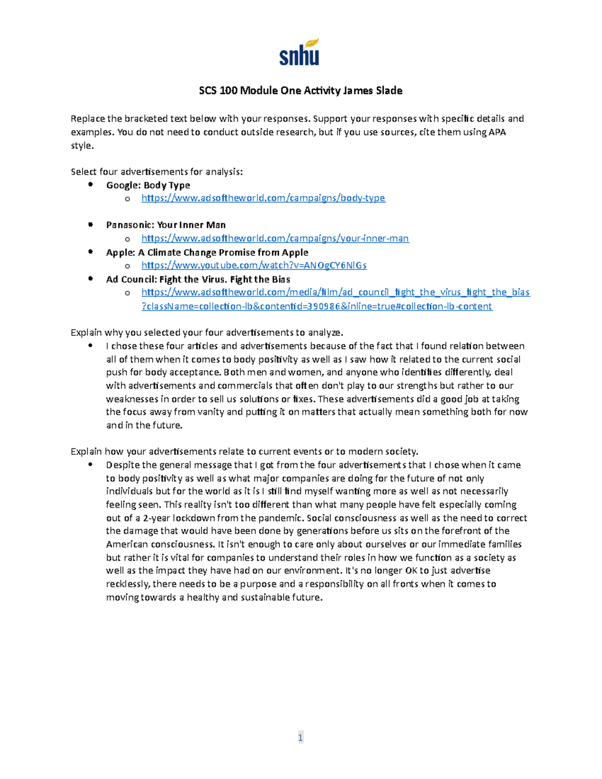 SCS 100 Module One Activity Slade - SCS 100 Module One Activity James ...