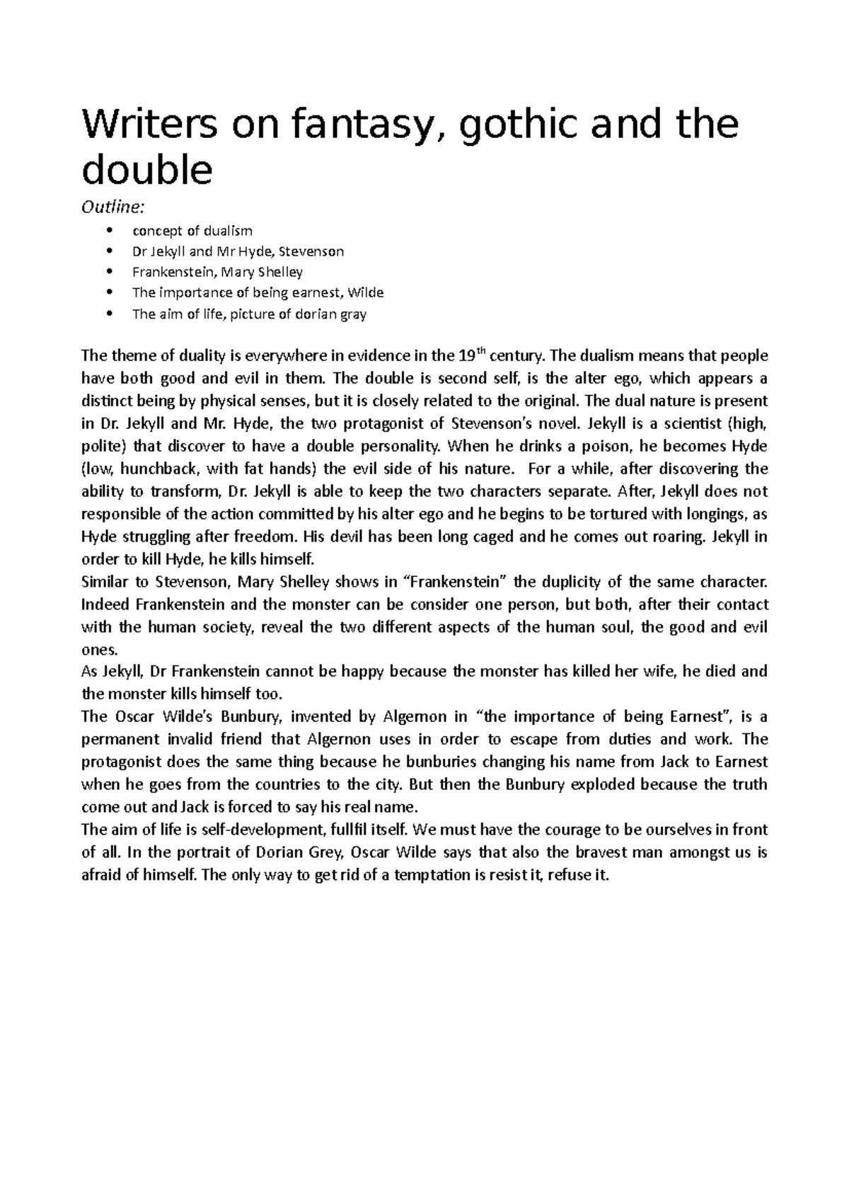 The dualism - Writers on fantasy, gothic and the double Outline ...