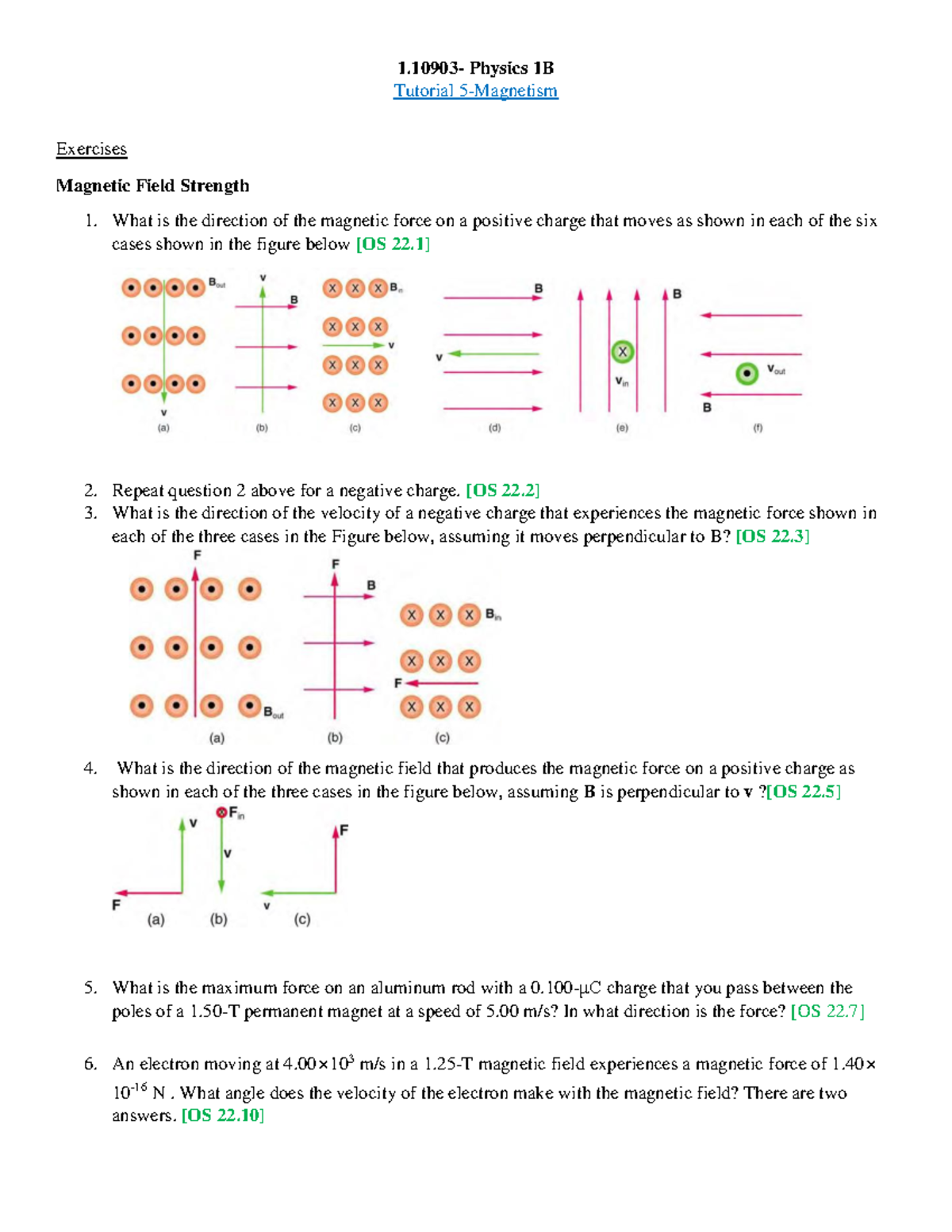 Tutorial 5- Magnetism - 1- Physics 1B Tutorial 5-Magnetism Exercises ...