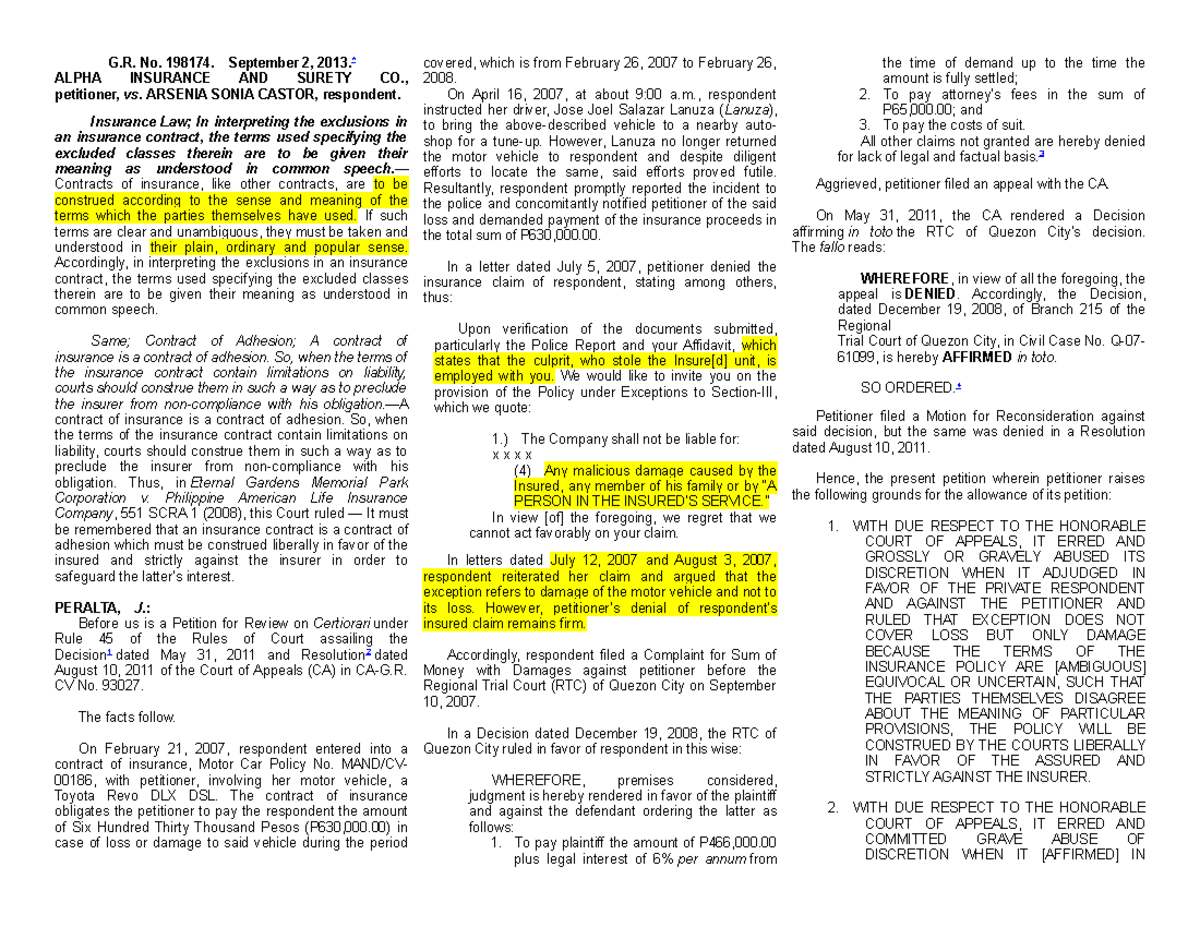 1. Alpha Insurance v Castor - G. No. 198174. September 2, 2013.* ALPHA ...