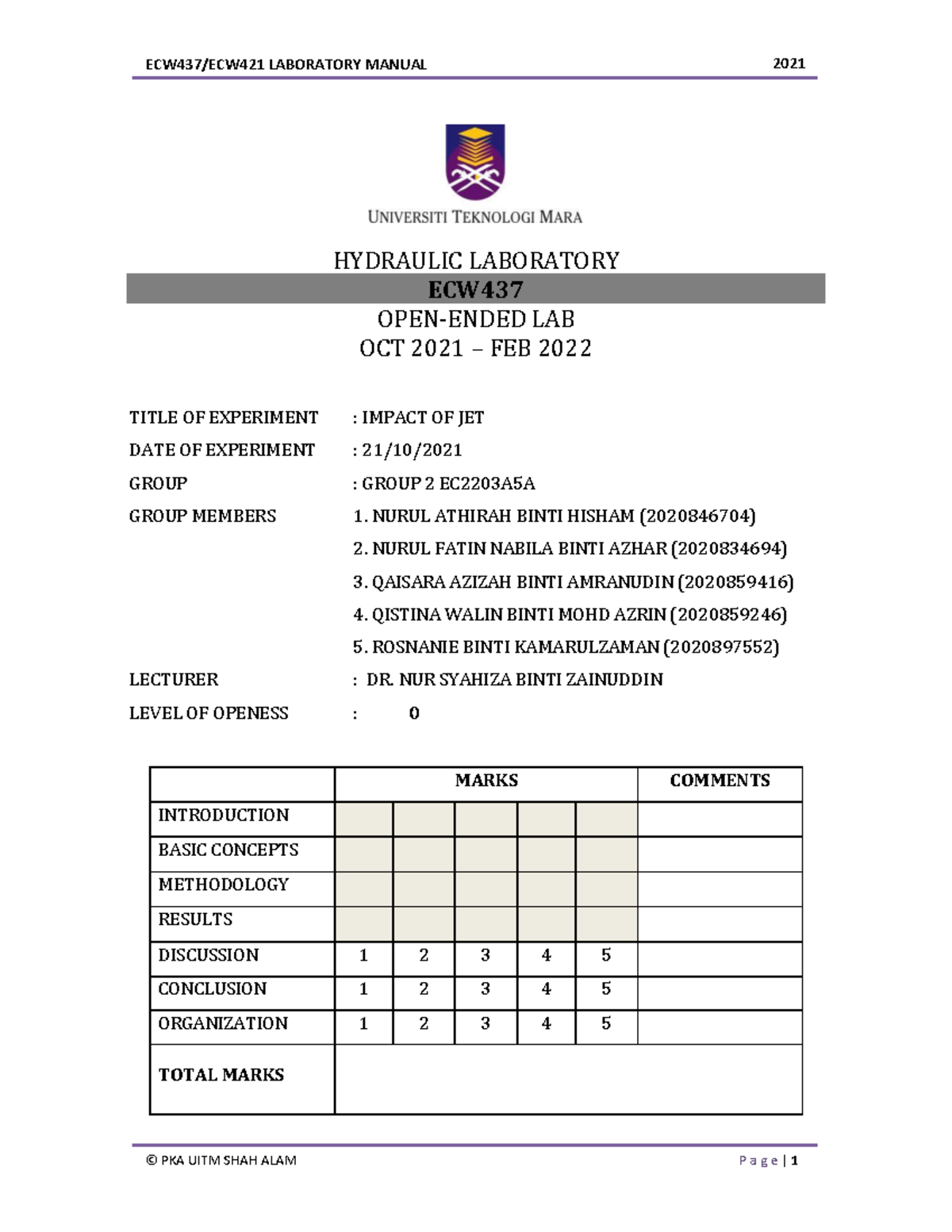 Impact OF JET LAB Report - Hydraulics Laboratory - UiTM - Studocu