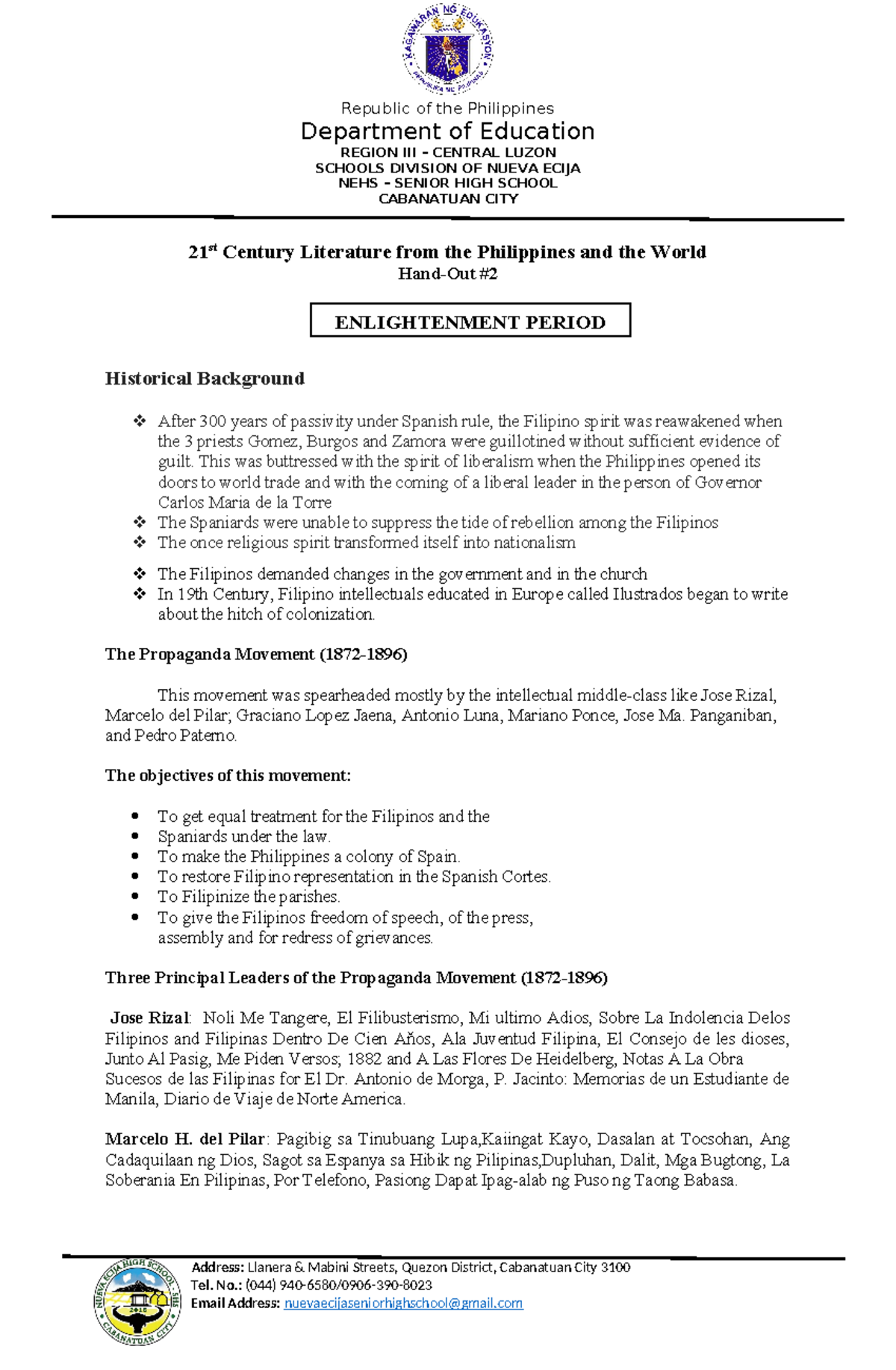 HAND OUT 2 IN 21ST Century LIT - Republic of the Philippines Department ...