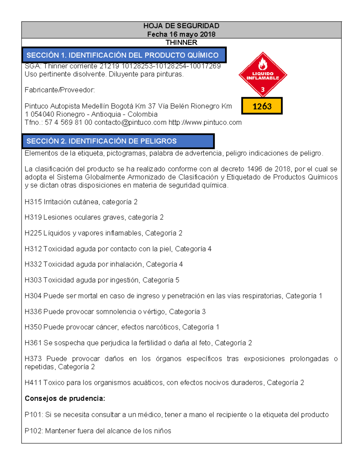 HOJA DE Seguridad - HOJA DE SEGURIDAD Fecha 16 mayo 2018 THINNER SGA ...