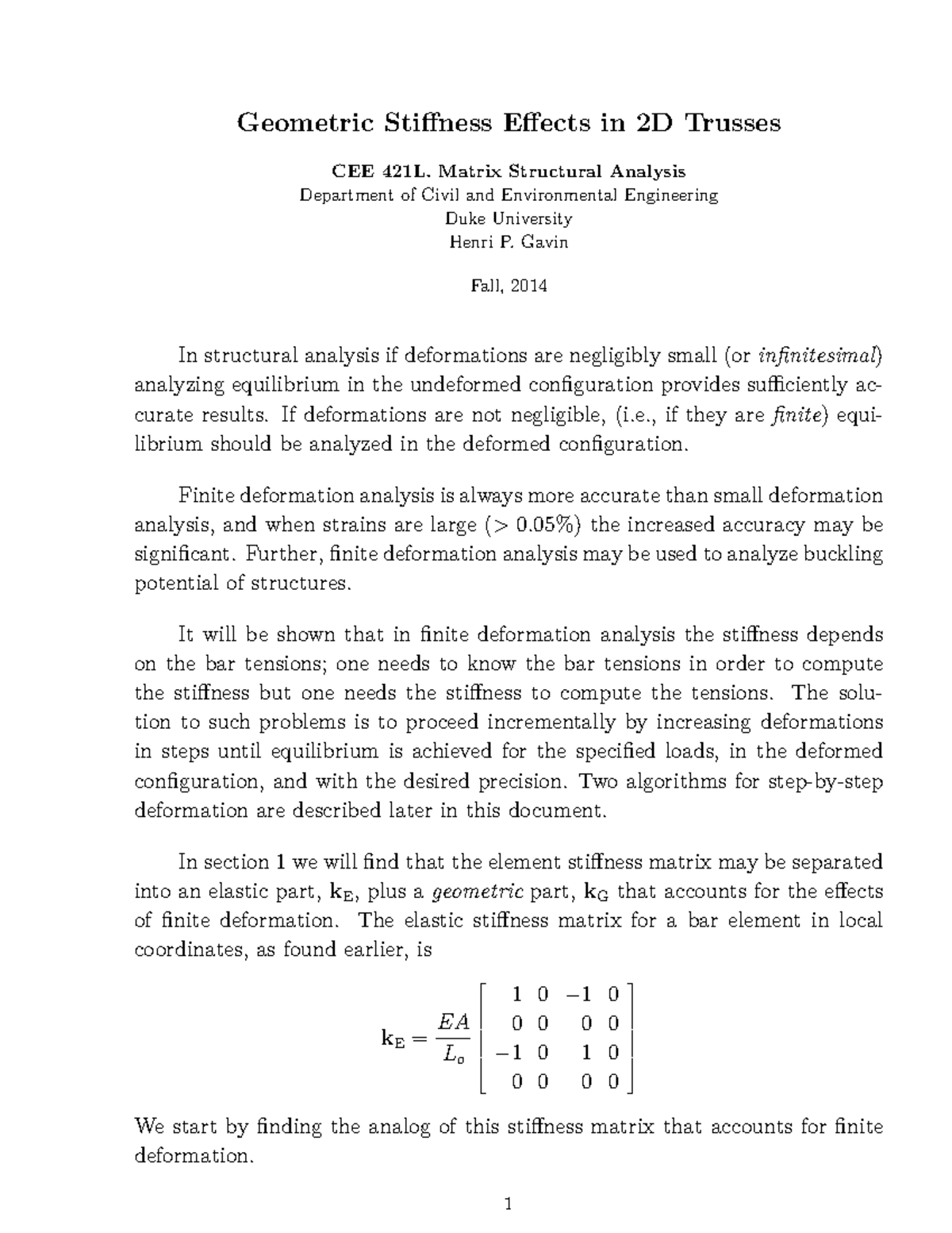 Truss - Finite - Def - Geometric Stiffness Effects in 2D Trusses CEE ...