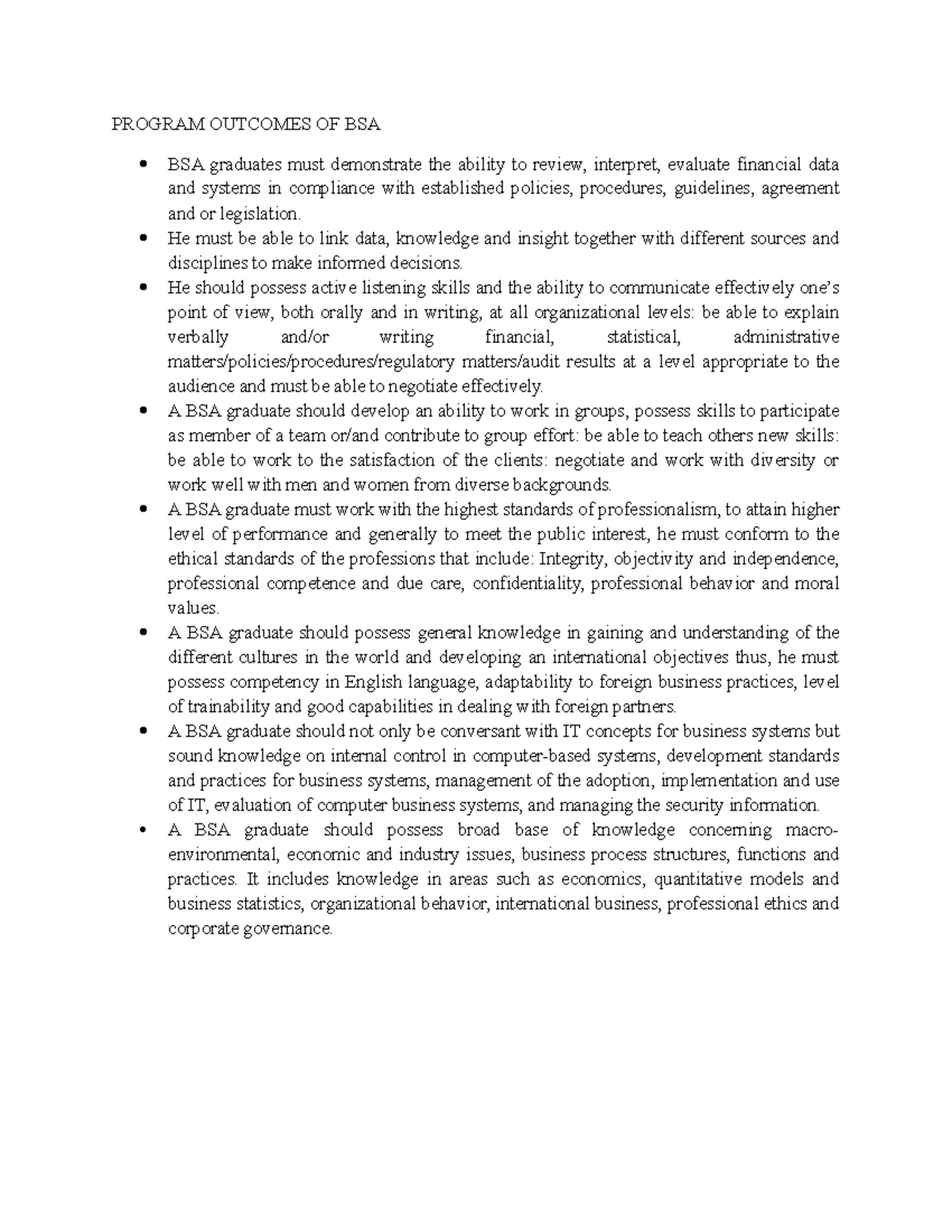 Program Outcomes OF BSA - PROGRAM OUTCOMES OF BSA BSA graduates must ...