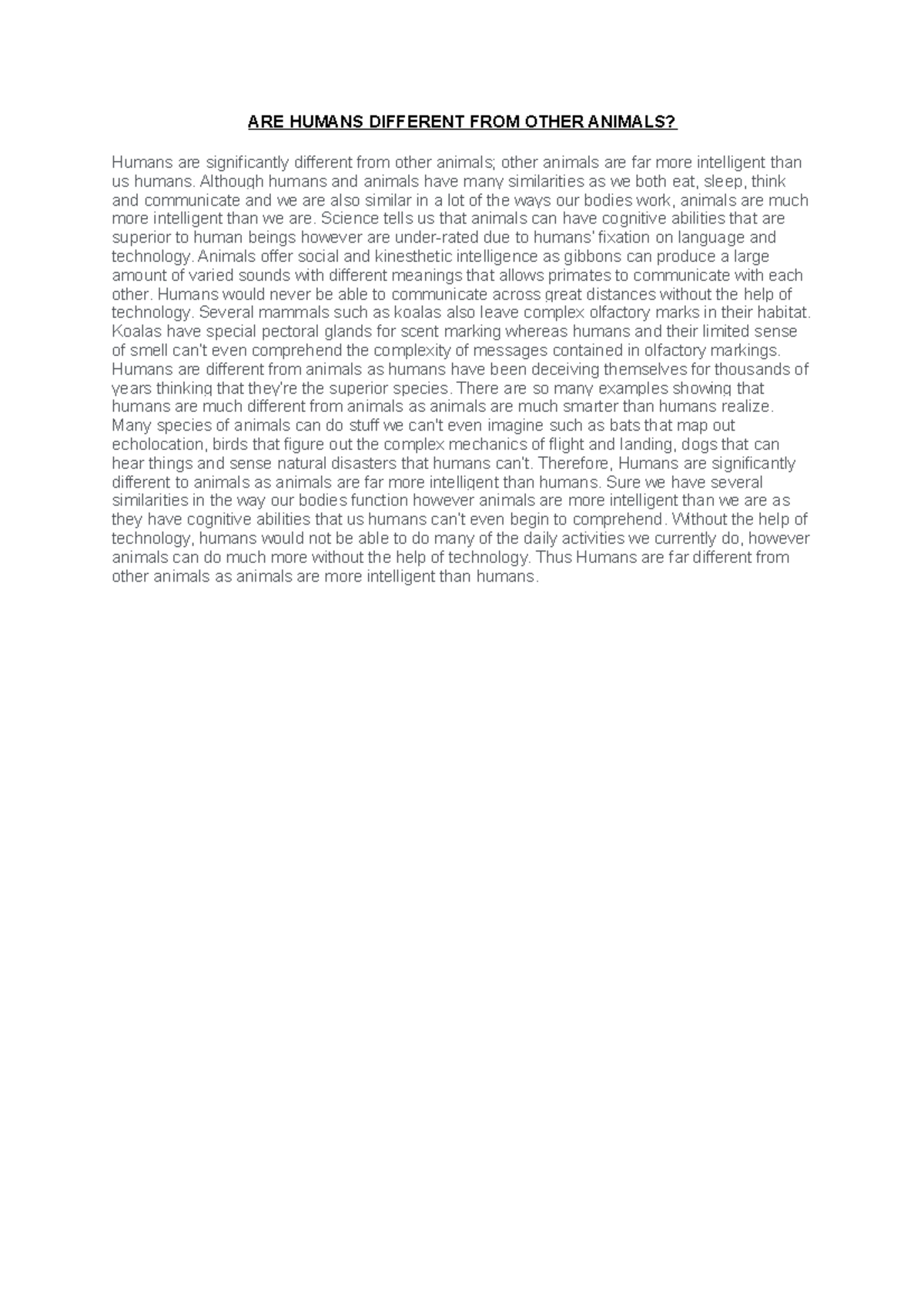 Biol1210 assignment - ARE HUMANS DIFFERENT FROM OTHER ANIMALS? Humans ...