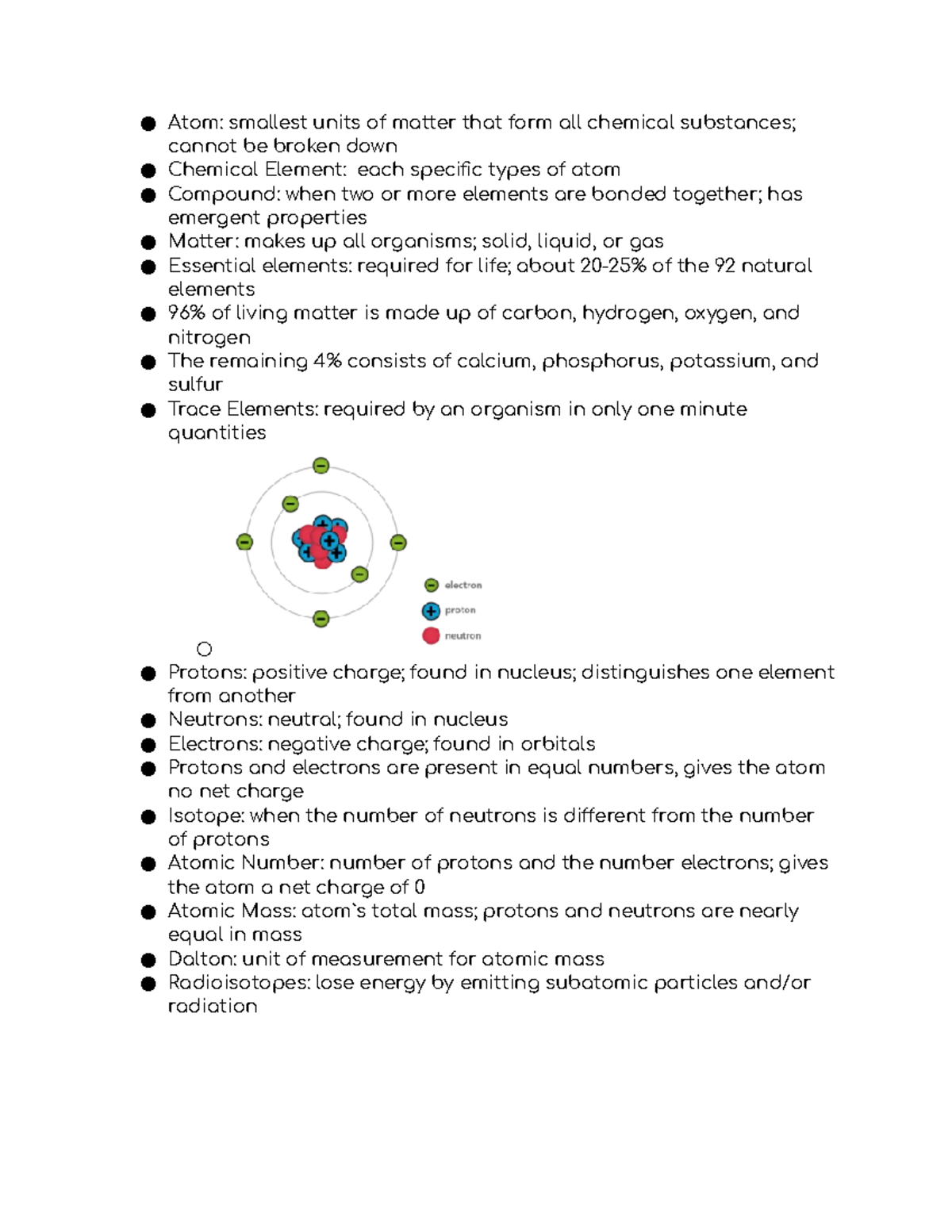 Chapter 2 notes - Atom: smallest units of matter that form all chemical ...