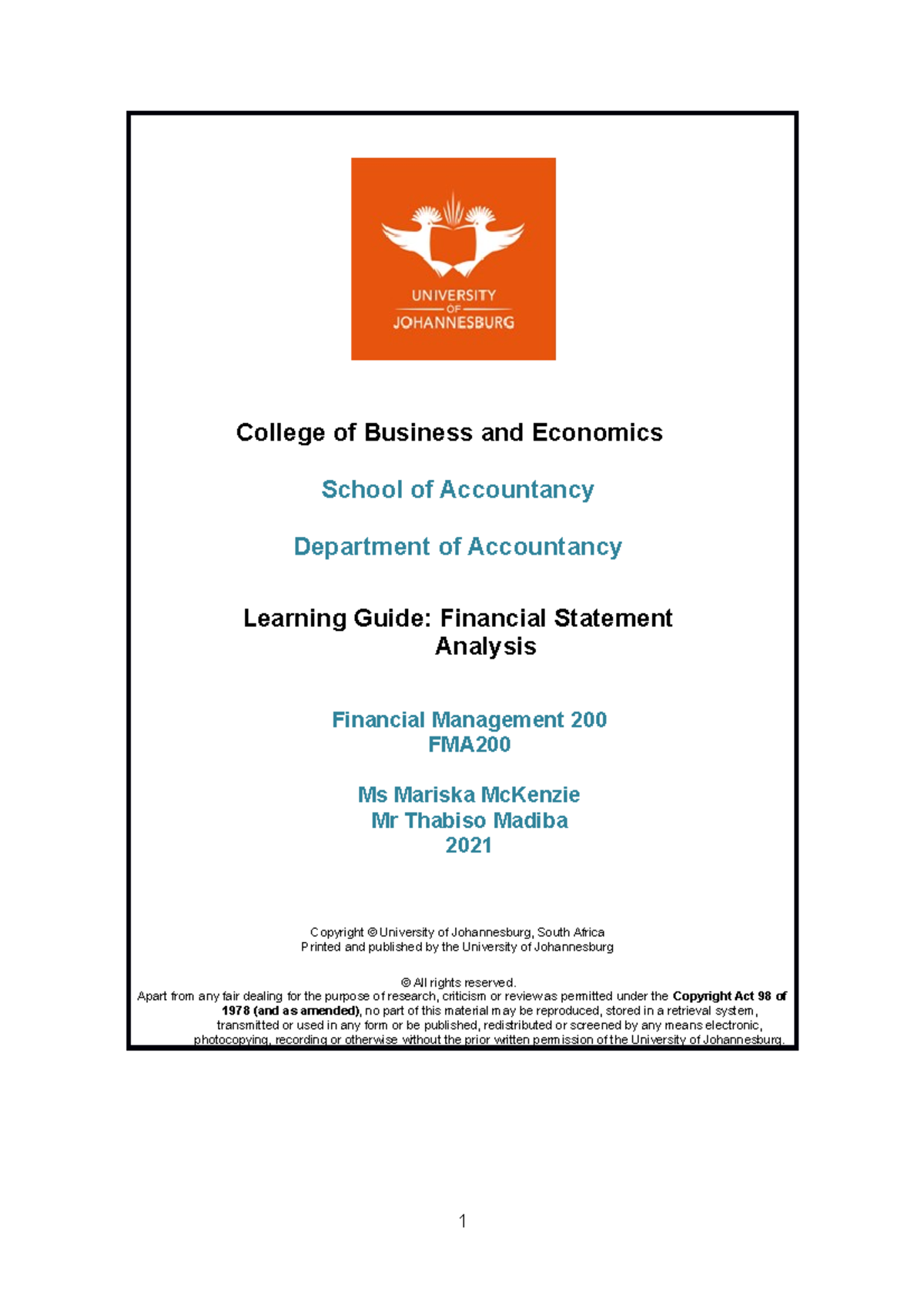 Learning guide - Financial Statement Analysis 2021 - College of ...