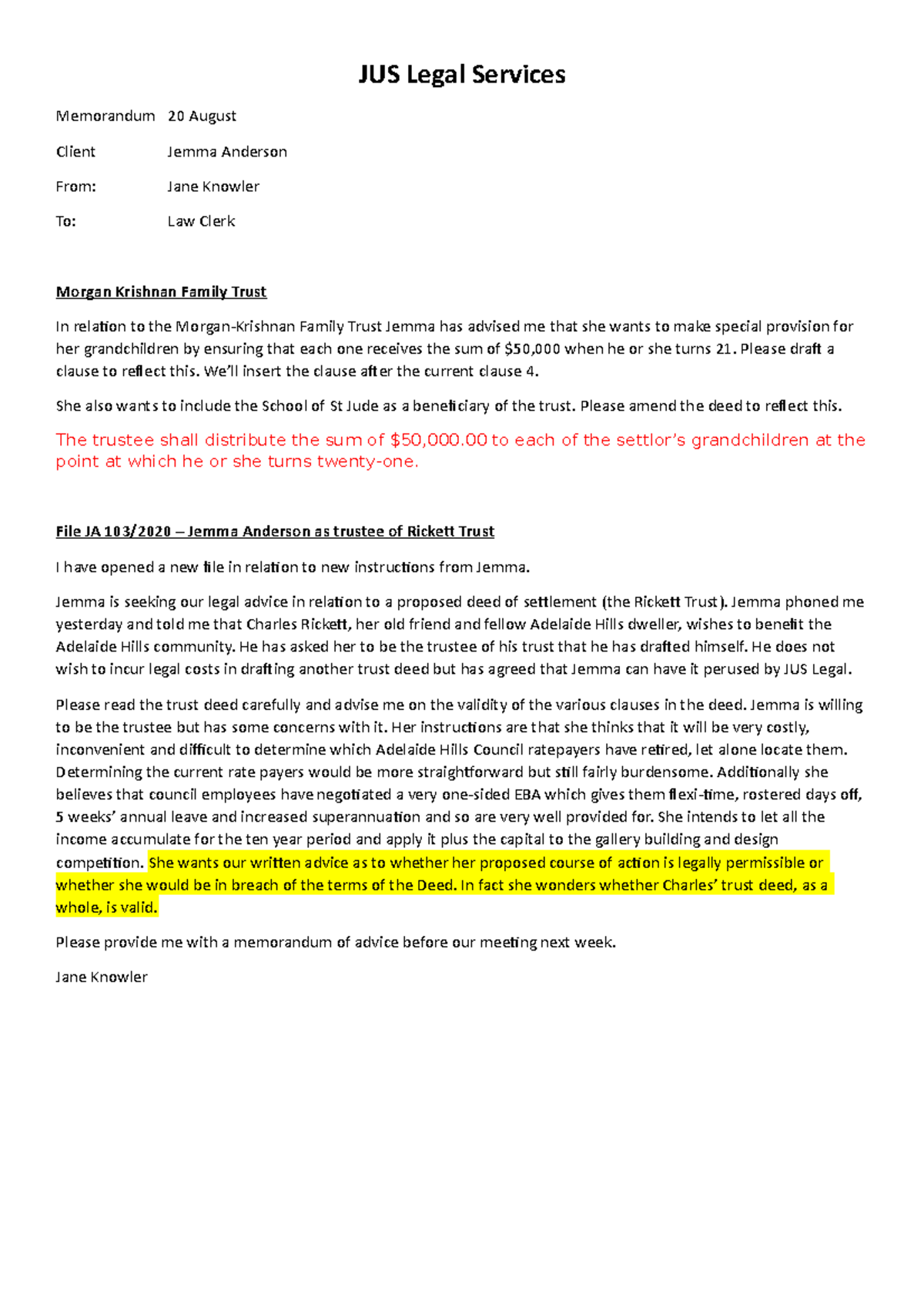 Tutorial 3 Notes - JUS Legal Services Memorandum 20 August Client Jemma ...