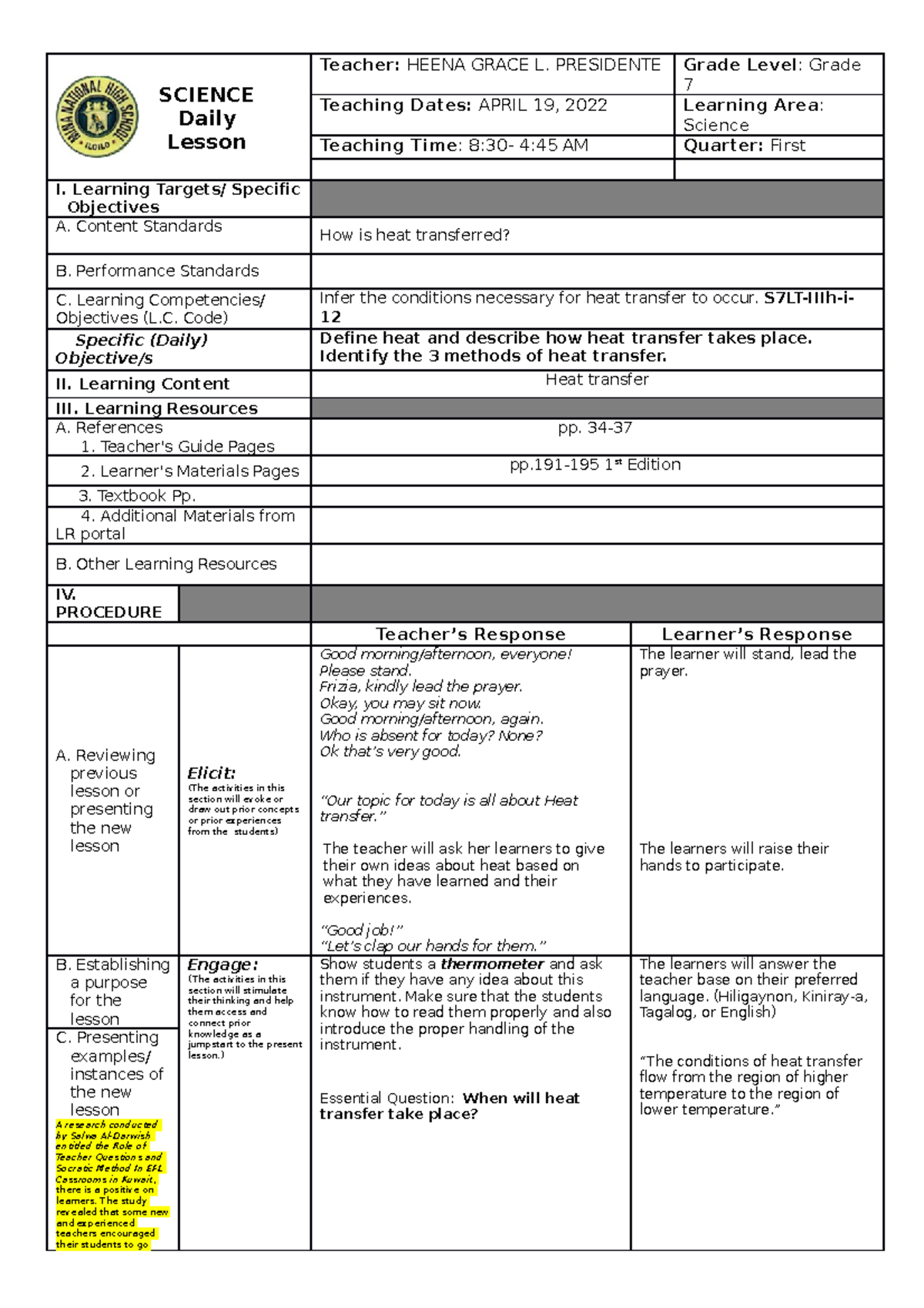COT 1.1- HEAT Transfer - Class Observation - Teacher: HEENA GRACE L ...
