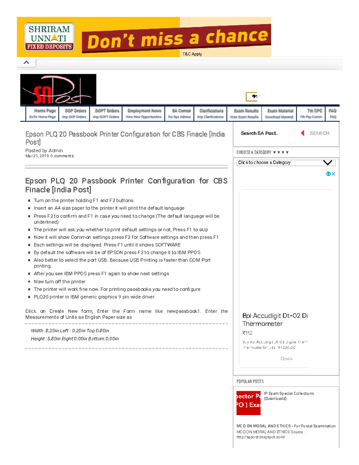 Epson PLQ 20 Passbook Printer Configuration for CBS Finacle [India Post] SA POST - Posted by ...