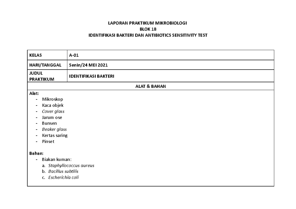 A-01 Laporan Praktikum - LAPORAN PRAKTIKUM MIKROBIOLOGI BLOK 18 ...