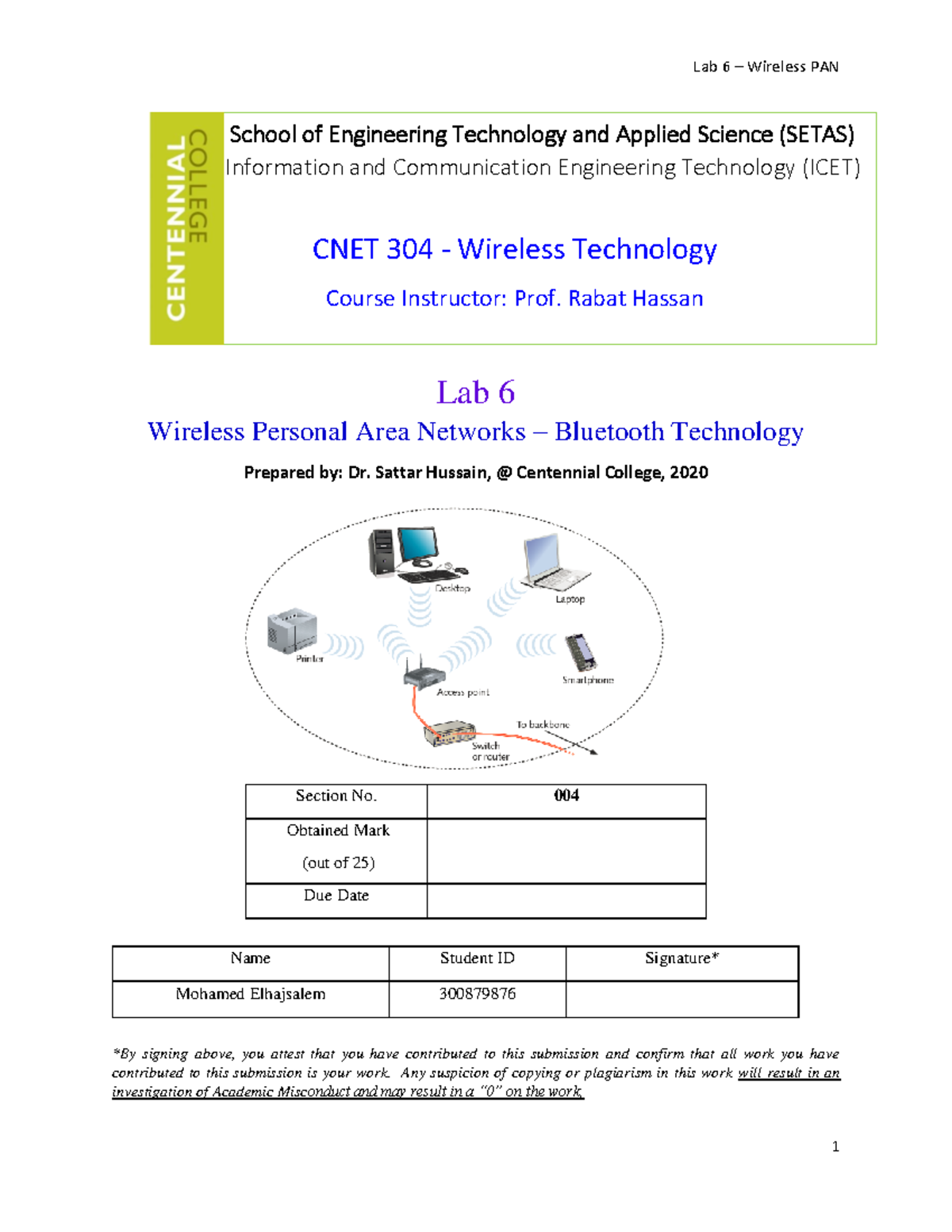 CNET304 Lab 6- Wpans - Wireless Personal Area Networks Prepared by: Dr ...
