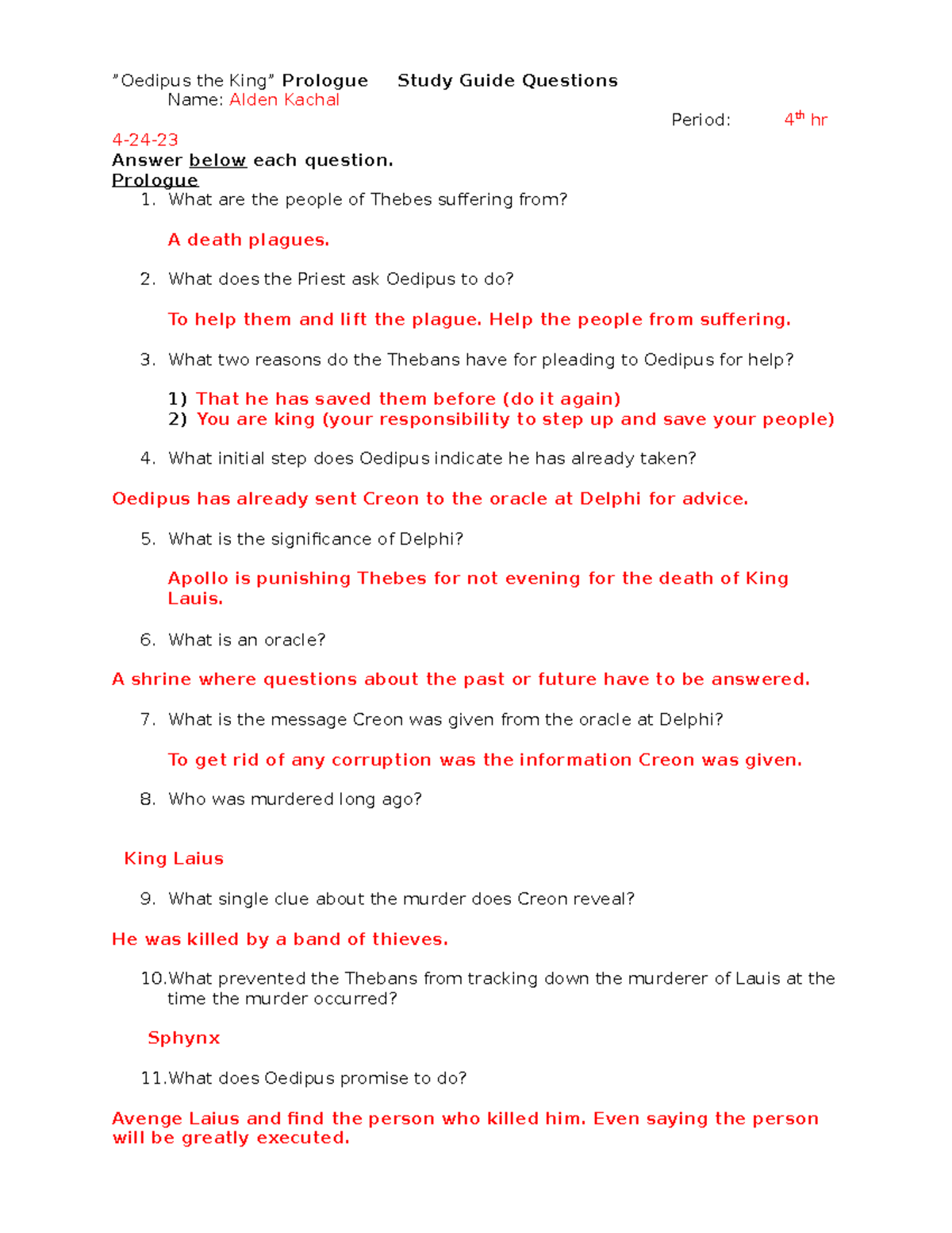 Oedipus the King Prologue SG Questions - ”Oedipus the King” Prologue ...