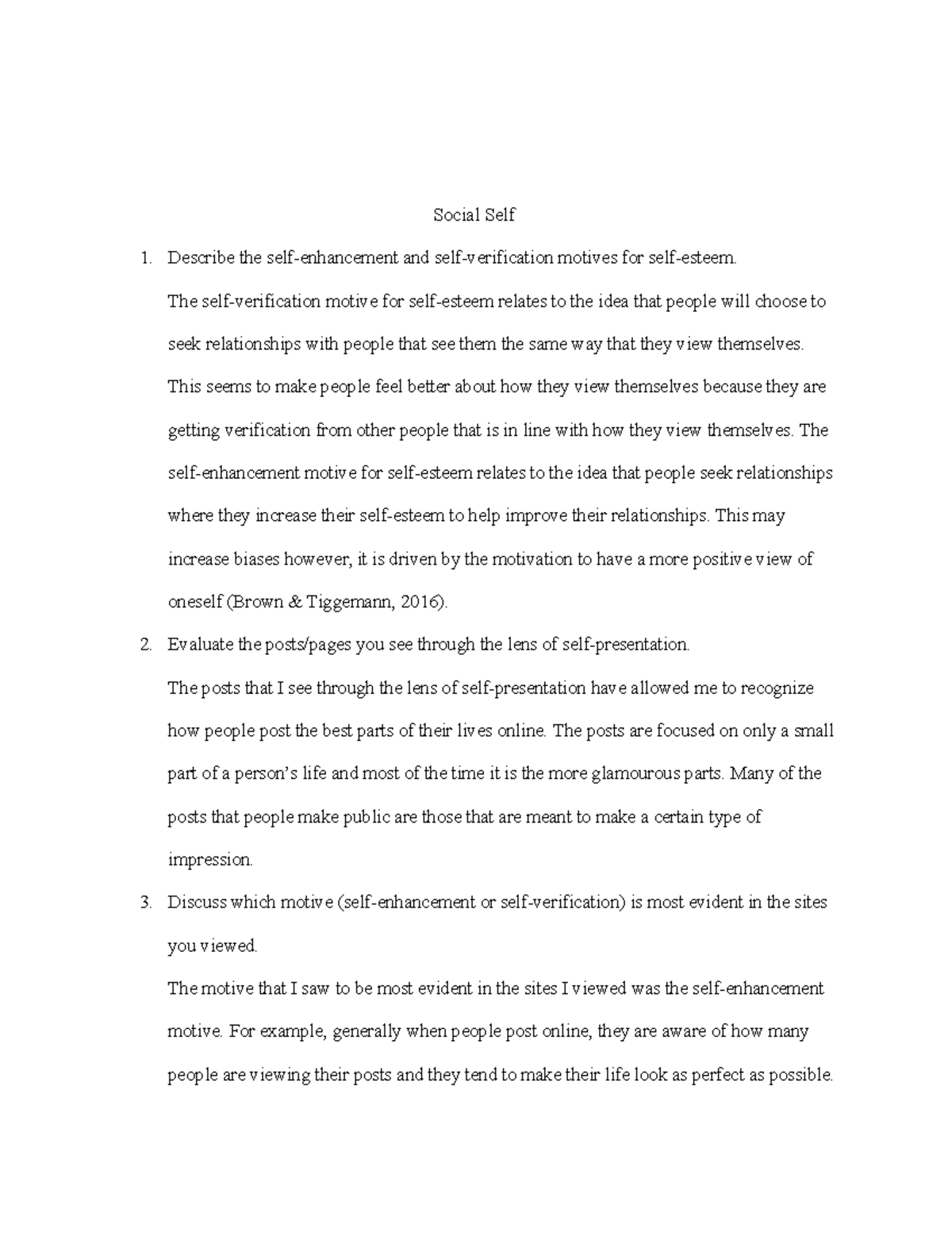 Benchmark Assignment: Social Self - Social Self Describe the self ...