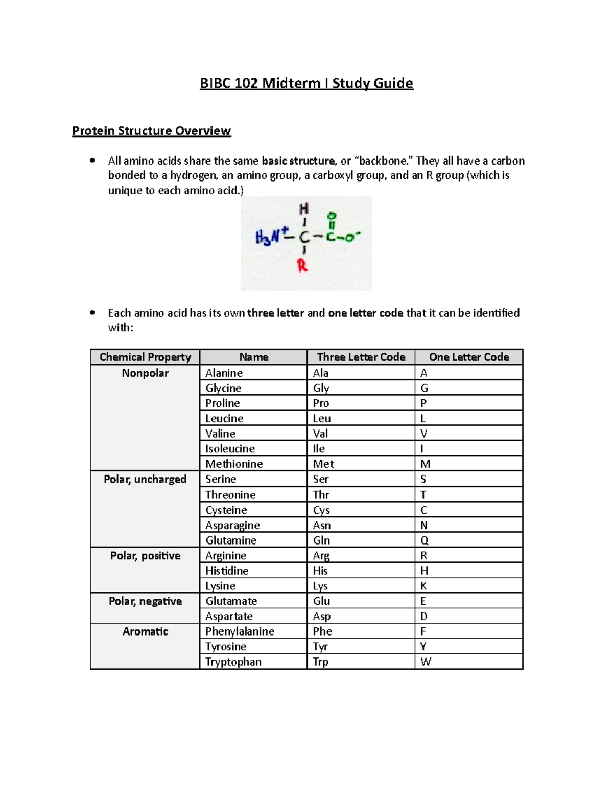 BIBC 102 Midterm 1 Study Guide - BIBC 102 Midterm I Study Guide Protein ...
