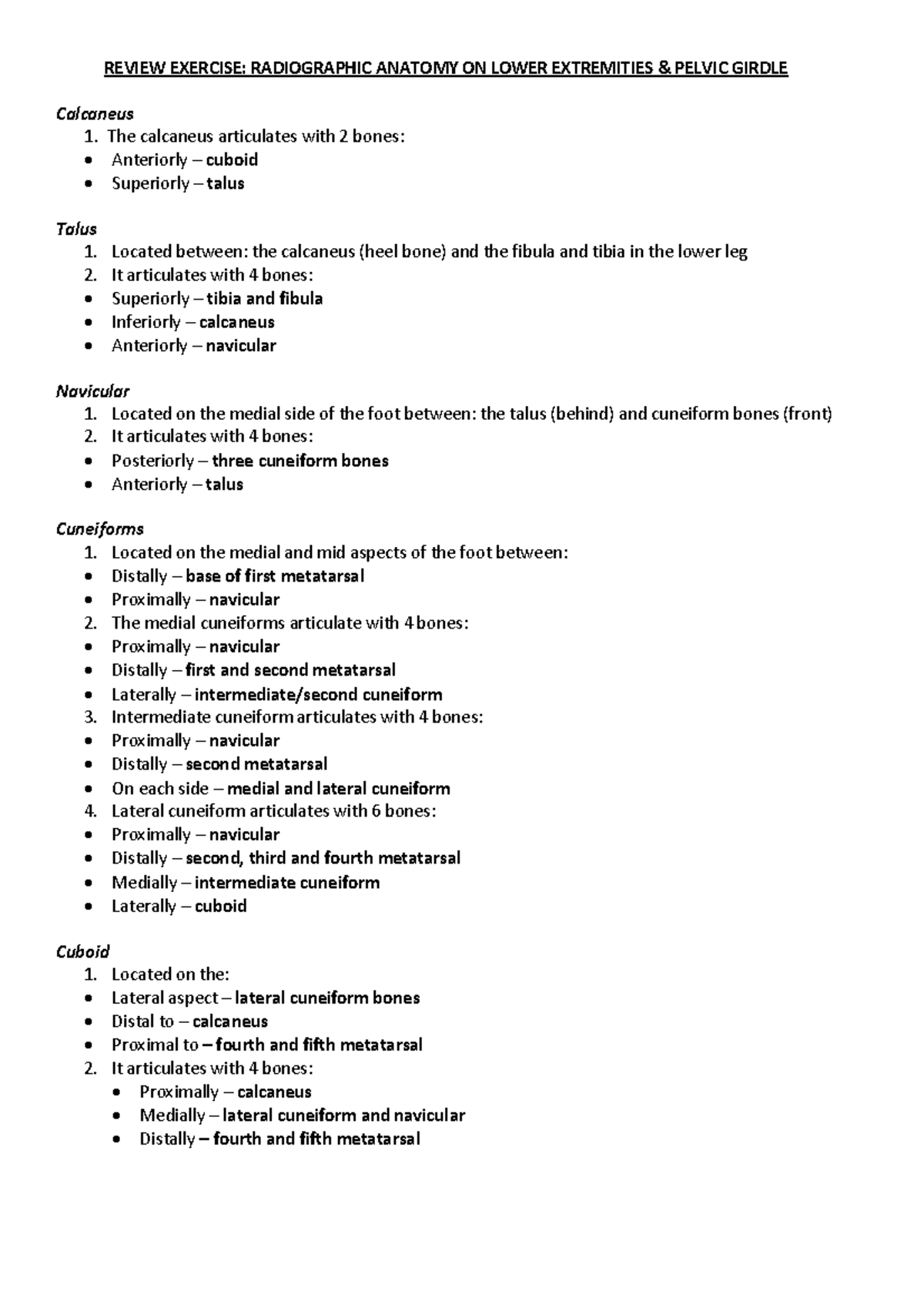 Tutorial lower limb - REVIEW EXERCISE: RADIOGRAPHIC ANATOMY ON LOWER ...