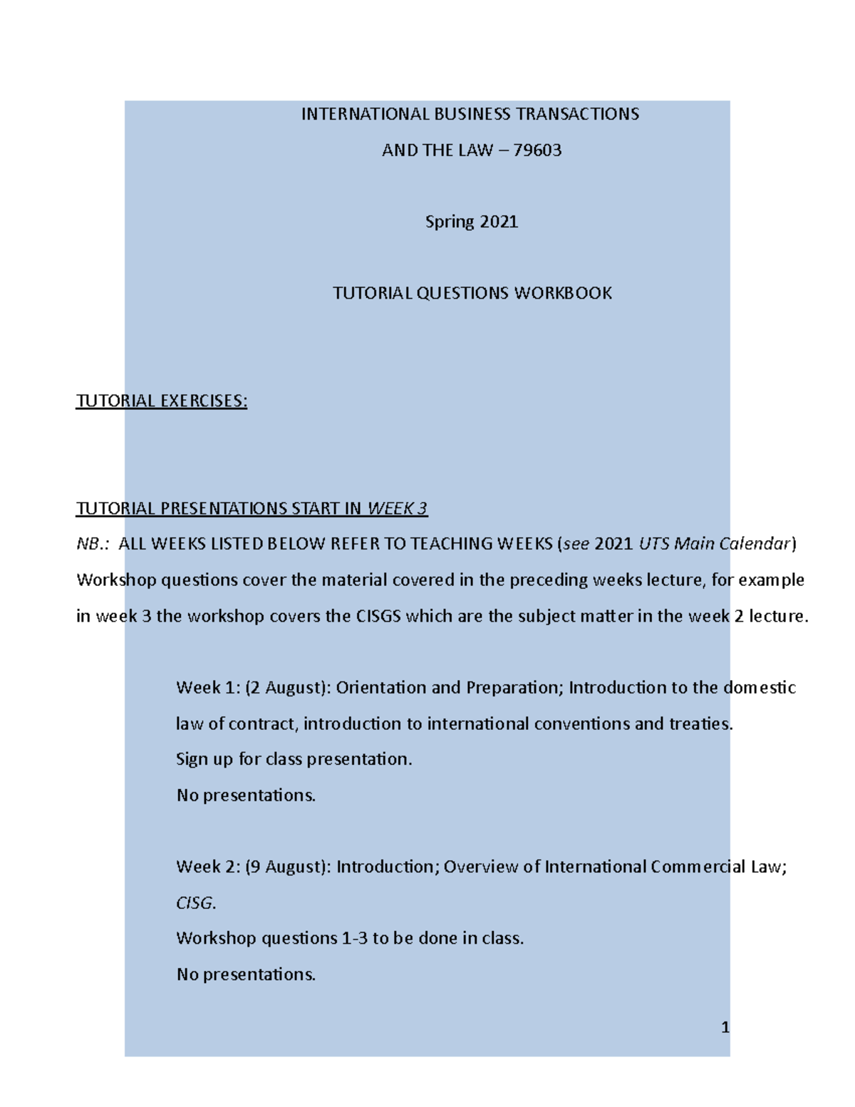 IBTL Tutorial workbook - Spring 2021 final - INTERNATIONAL BUSINESS ...