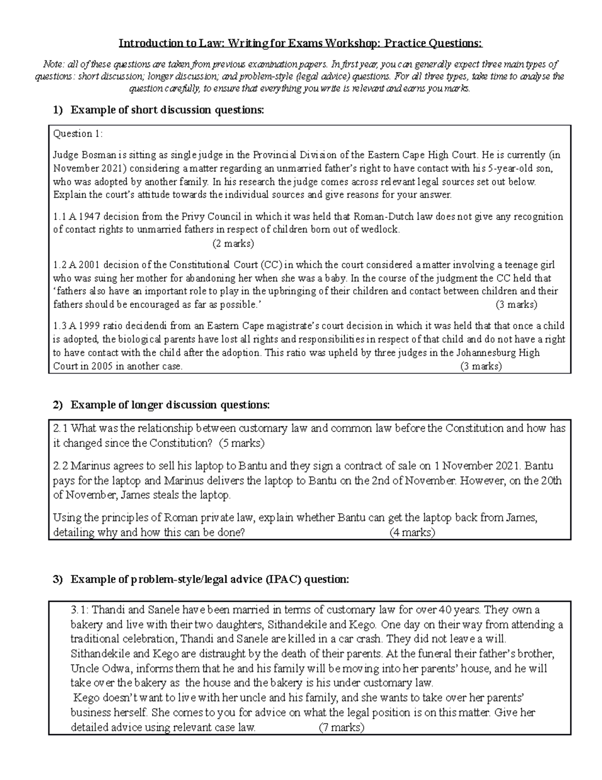 Intro to Law writing for exams practice questions Oct 2022 ...