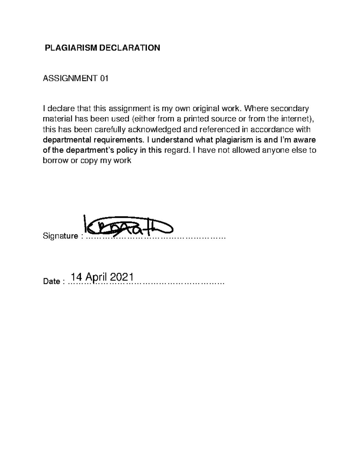 ENG1514 1111222222 - PLAGIARISM DECLARATION ASSIGNMENT 01 I declare ...