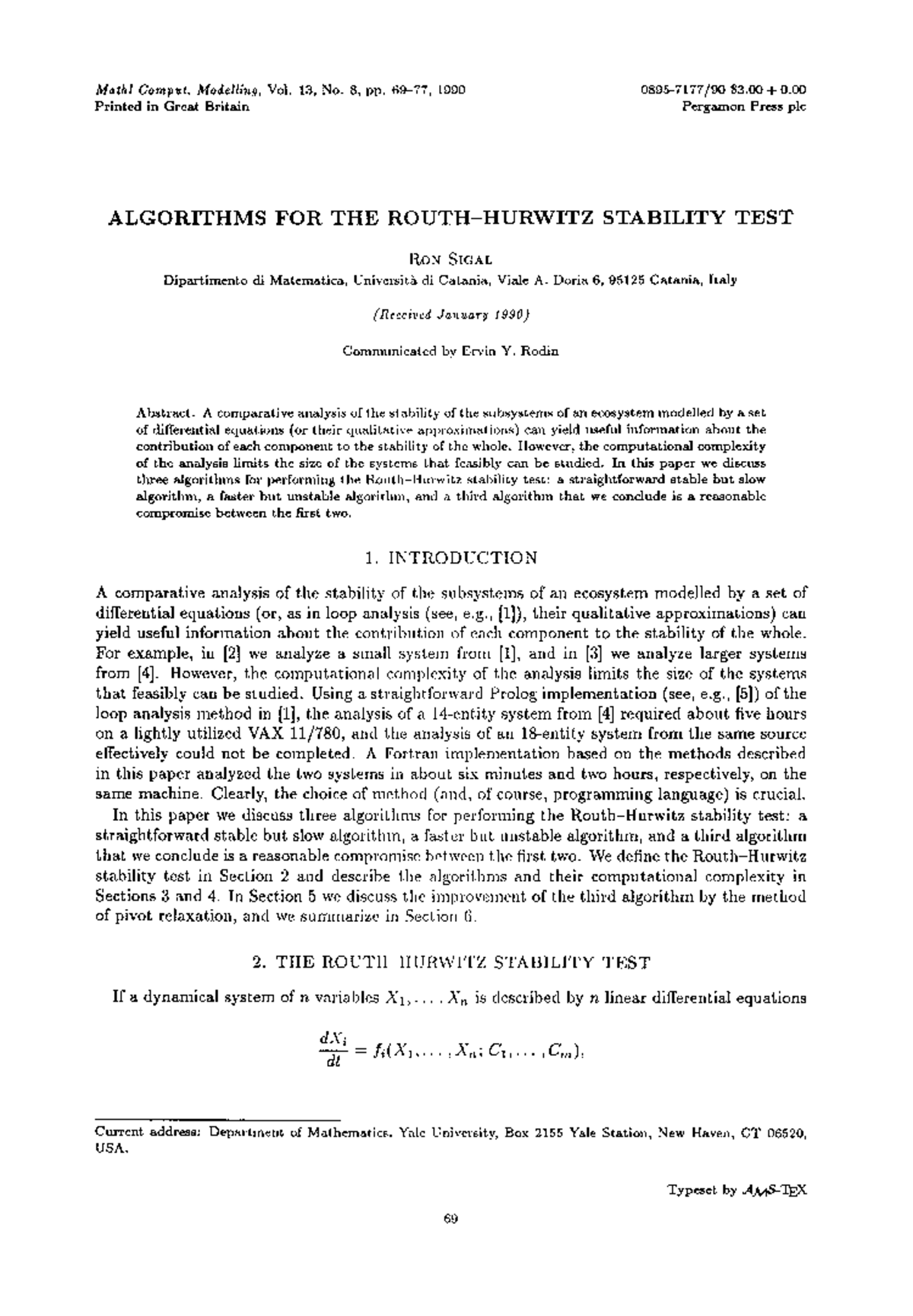 Algorithms for the routh-hurwitz stability test - Math1 Comput ...