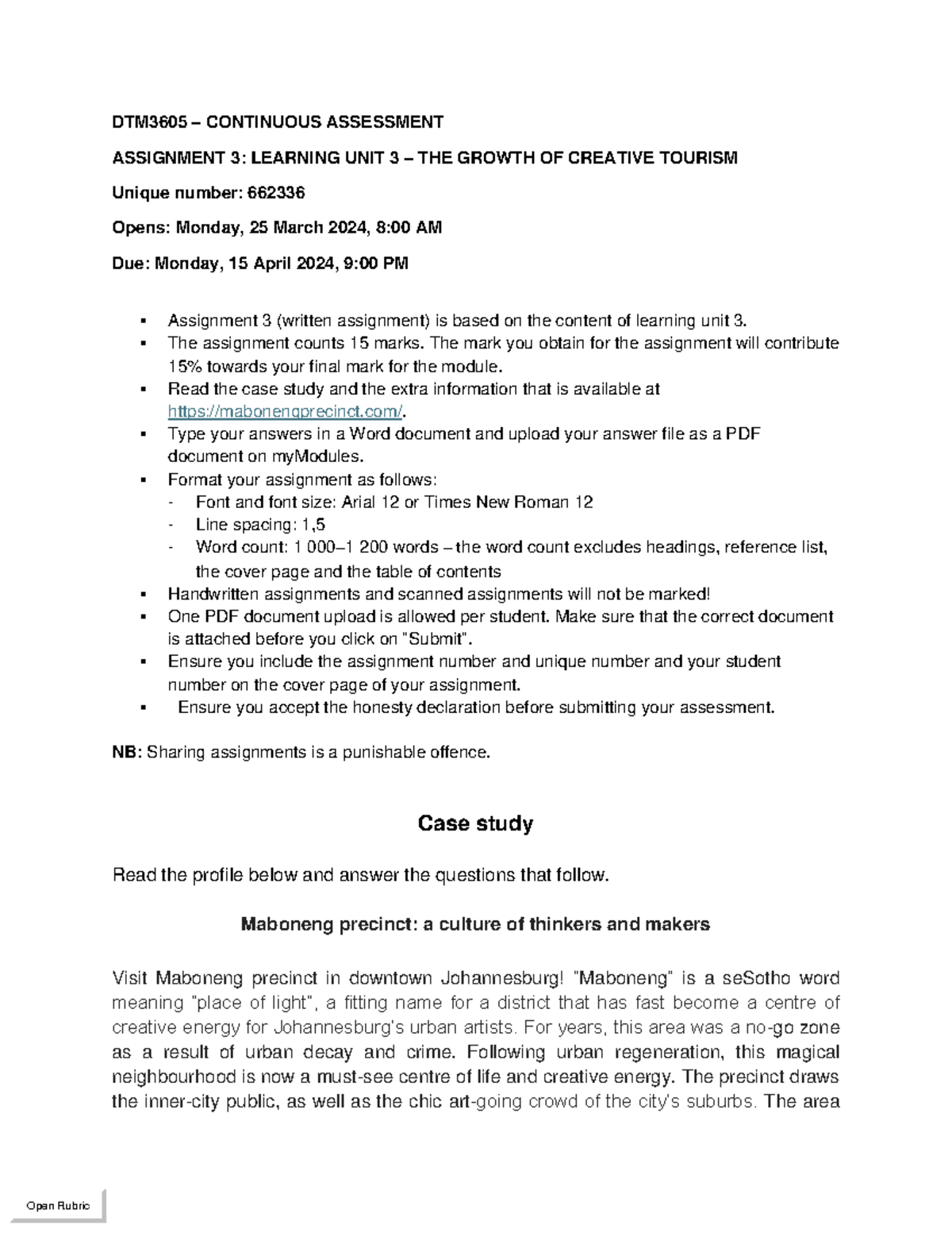 DTM3605 - Assessment 3 - Is assignment for second semester - DTM 3605 ...