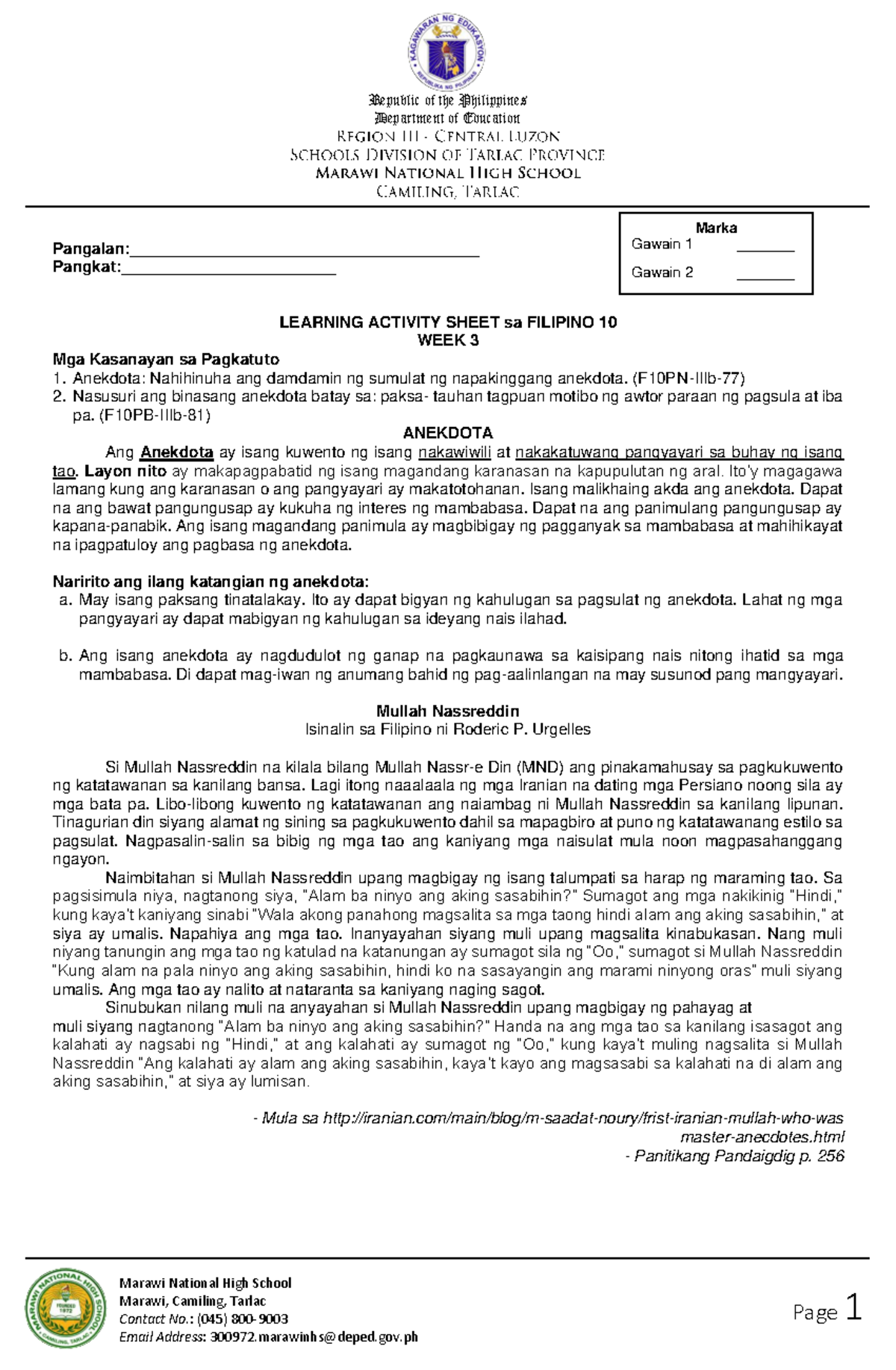 LAS Filipino 10-Week 3 - Republic of the Philippines Department of ...