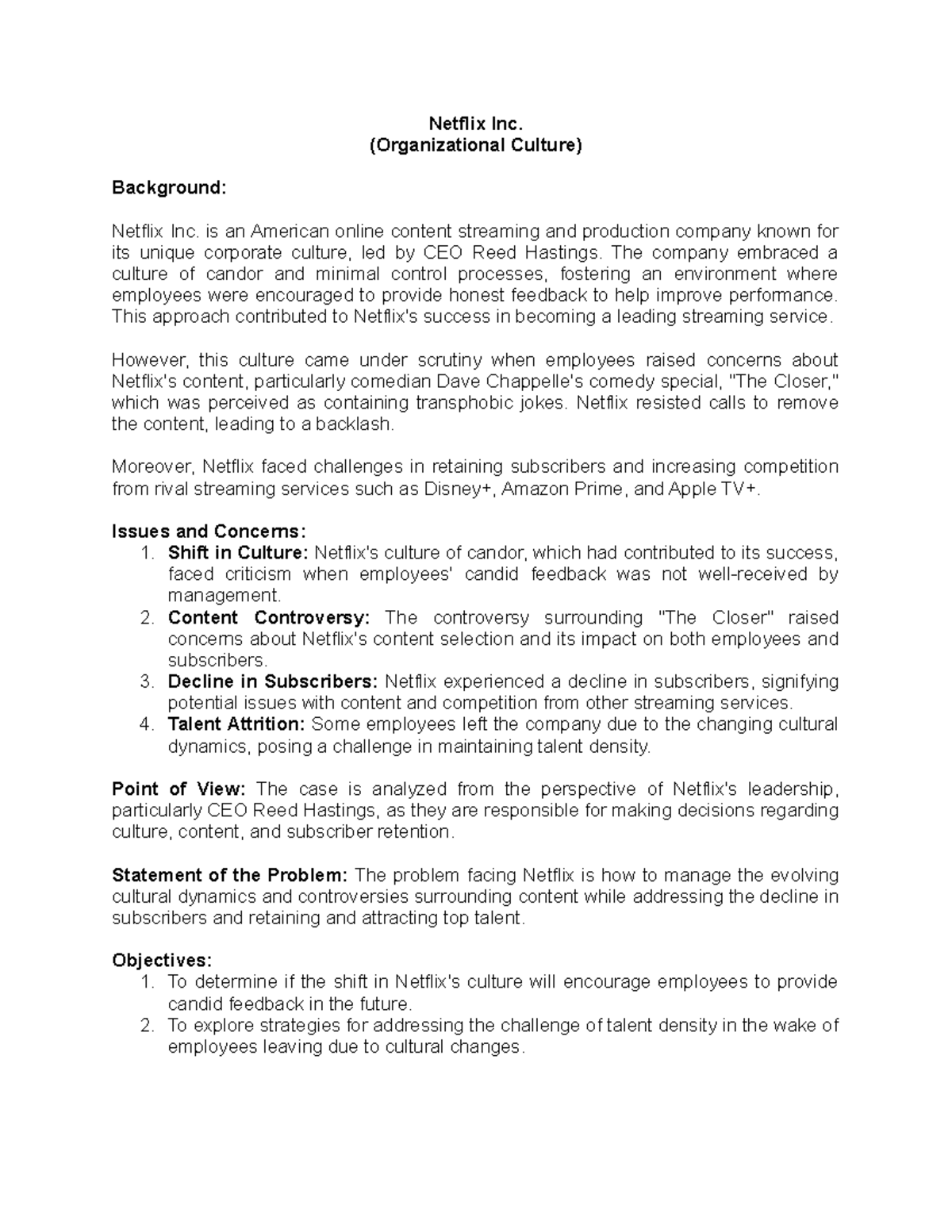 Case-Study - N/A - Netflix Inc. (Organizational Culture) Background ...