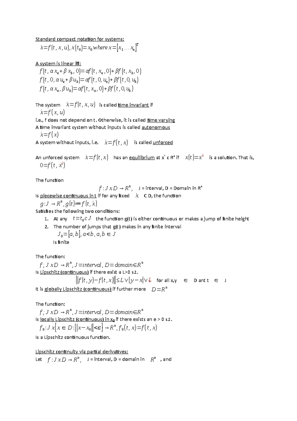 Defintions from lectures - Standard compact notation for systems: ̇ x=f ...