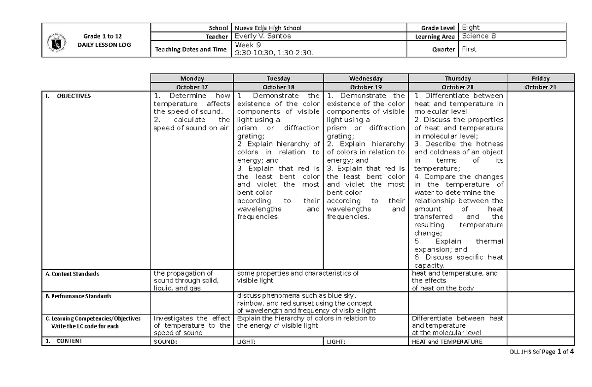 Week-9 - Lesson Plan in Science - Grade 1 to 12 DAILY LESSON LOG School ...