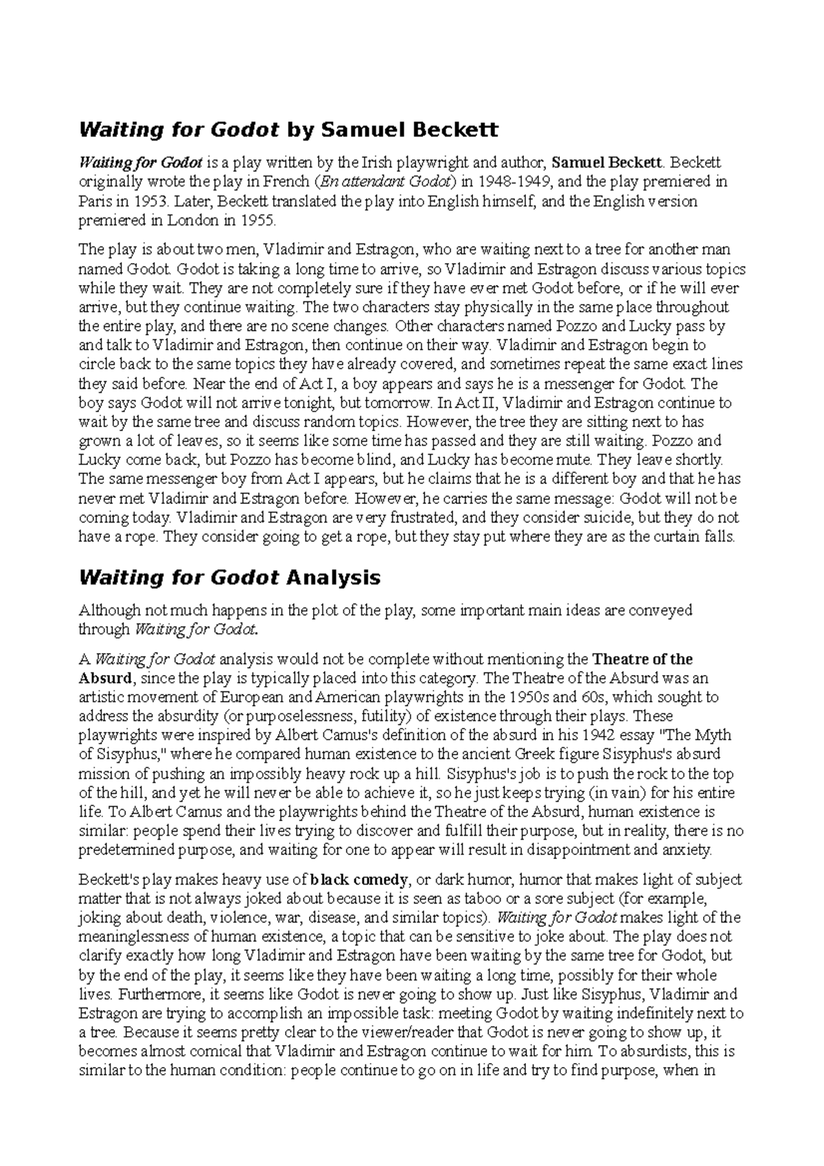 Waiting for Godot - Storia della letteratura inglese: 2 - Waiting for ...