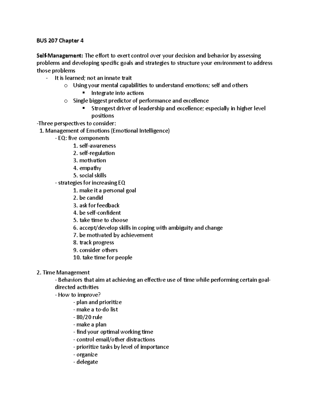 BUS 207 Chapter 4 - Kristen Wilson - BUS 207 Chapter 4 Self-Management ...