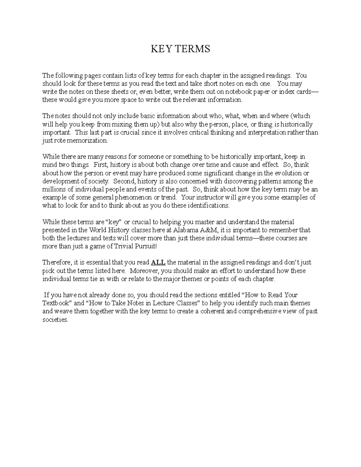 Final Exam Review - notes - KEY TERMS The following pages contain lists ...