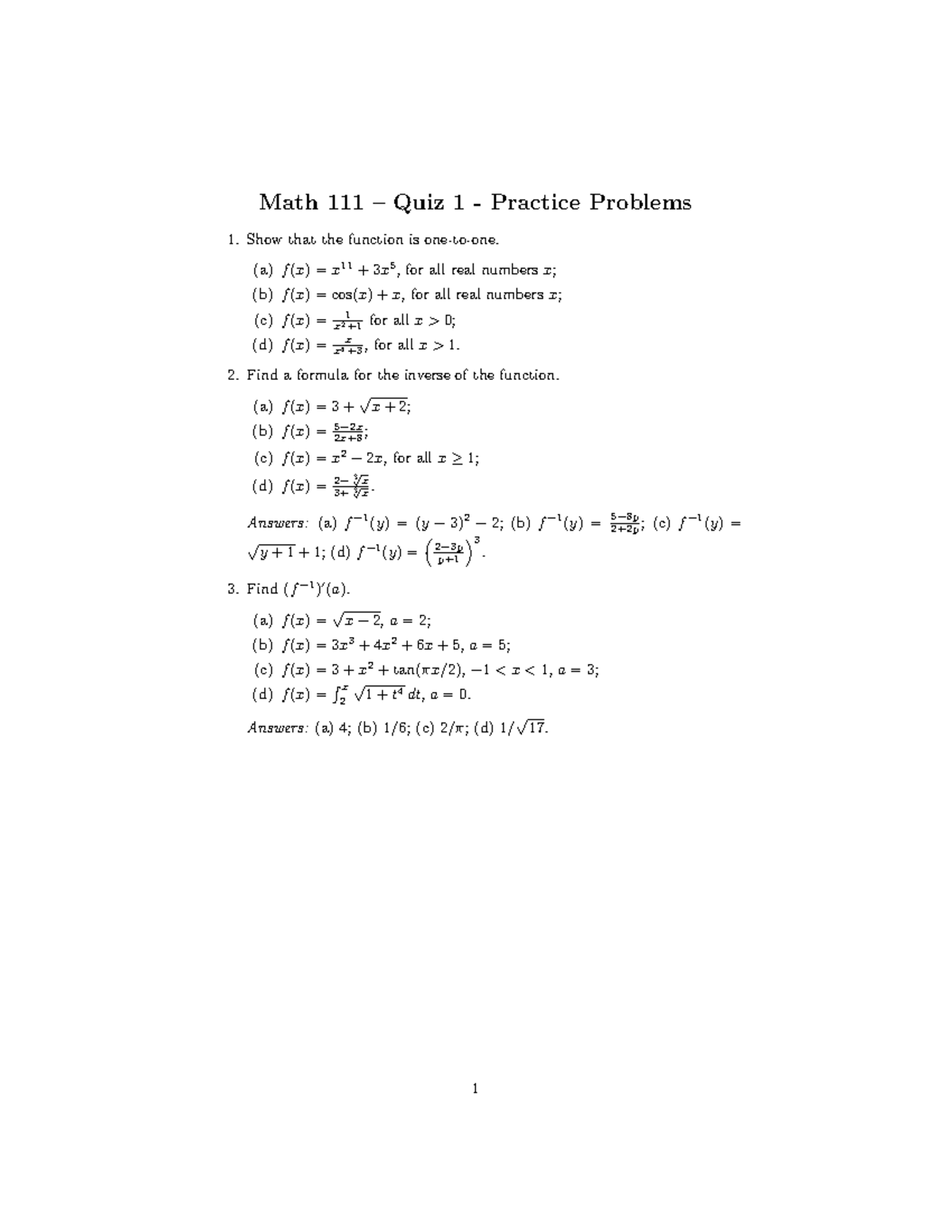 Math 111- quiz1-practice problems - Math 111 – Quiz 1 - Practice Problems Show that the function ...