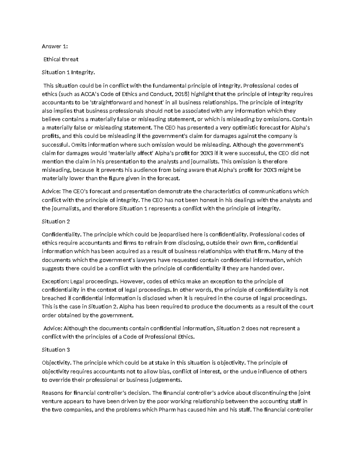 SBL Progress test 1 Answers - Answer 1: Ethical threat Situation 1 ...
