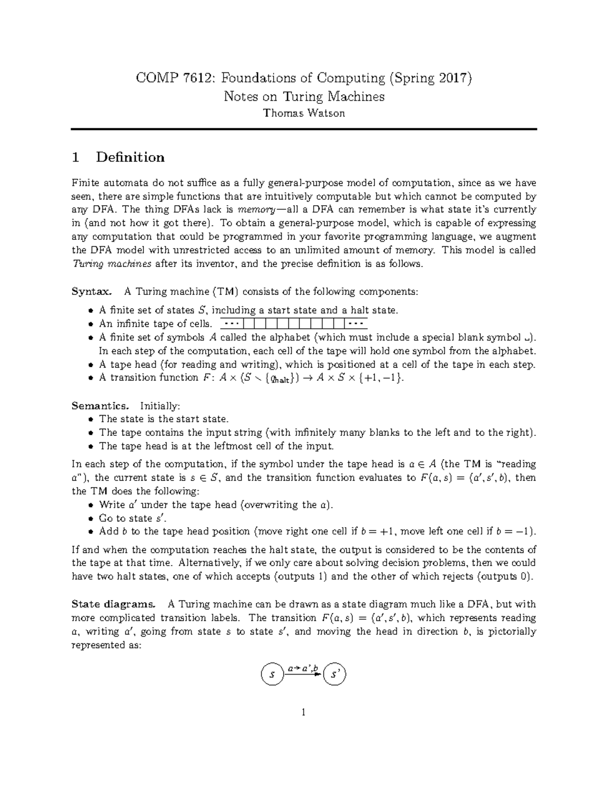 Notes on Turing Machines - COMP 7612: Foundations of Computing (Spring ...