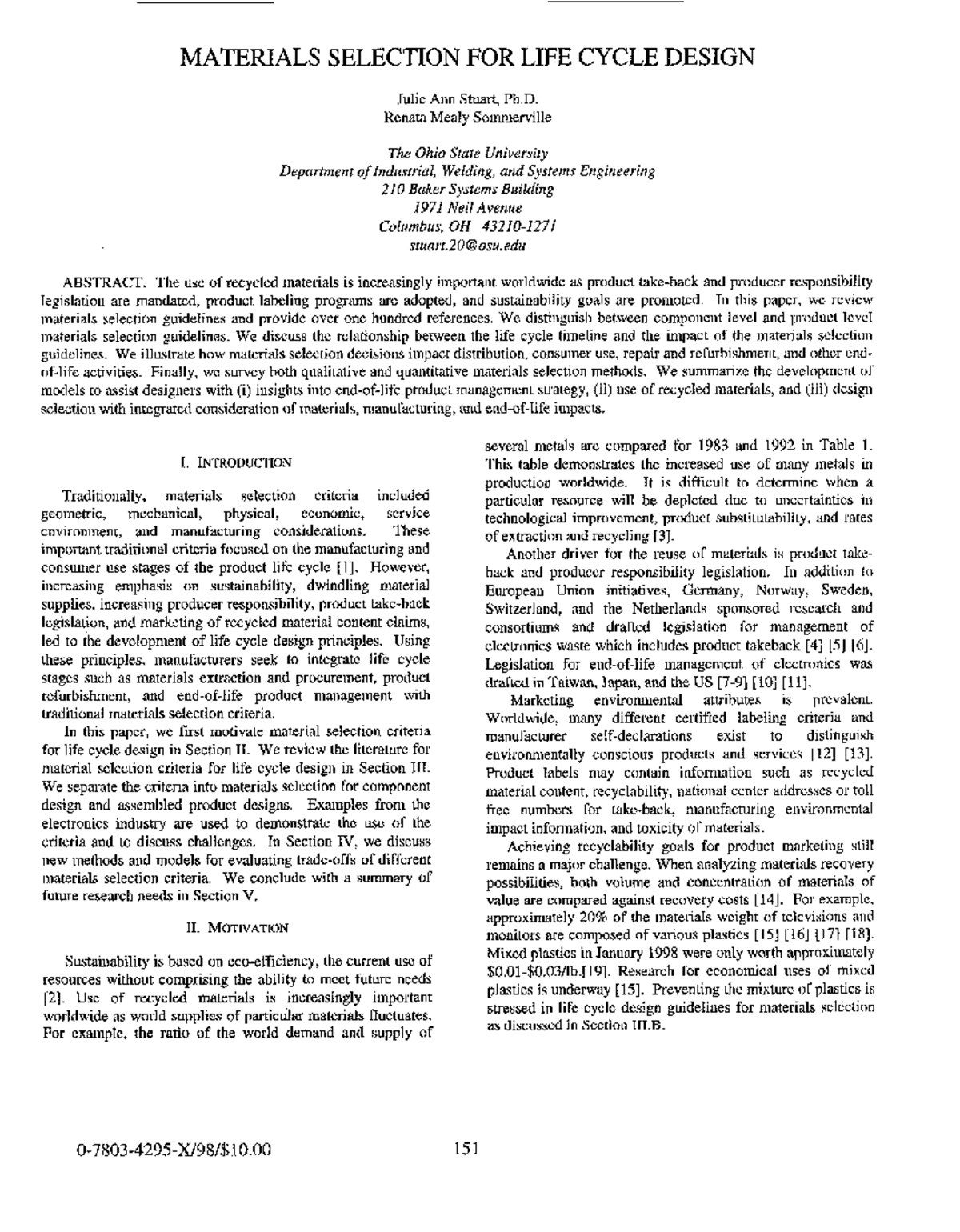 Materials selection for life cycle design - MATERIALS SELECTION FOR ...