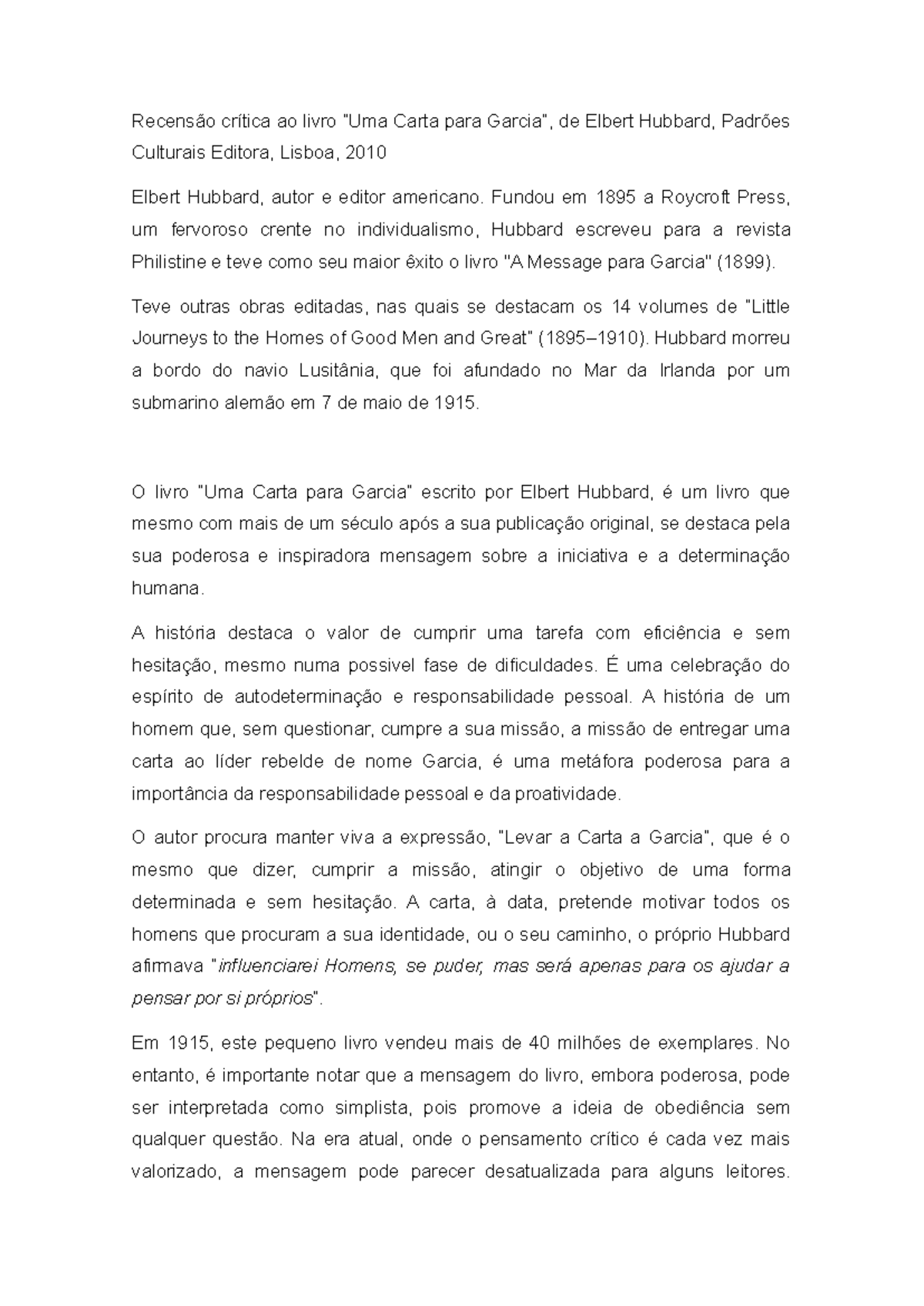 Recensão crítica ao livro - Recensão crítica ao livro “Uma Carta para ...